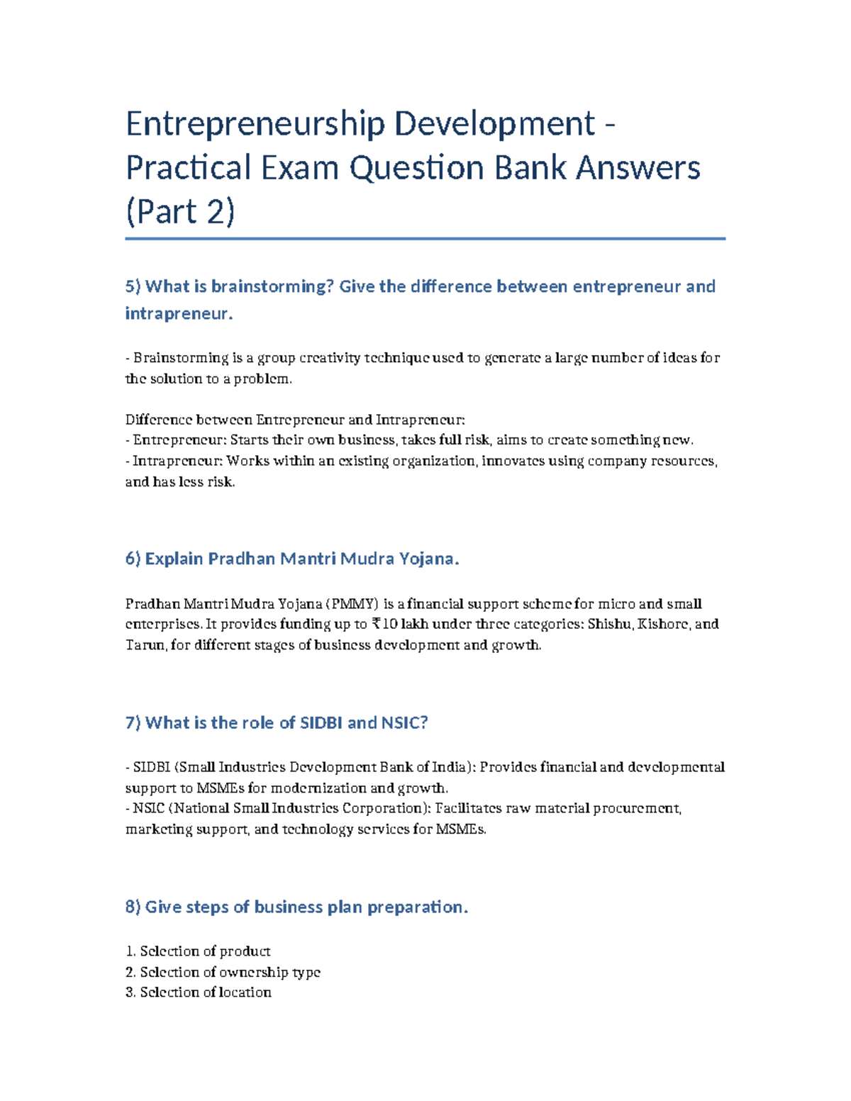 Entrepreneurship Development Practical QB Answers Part2 ...