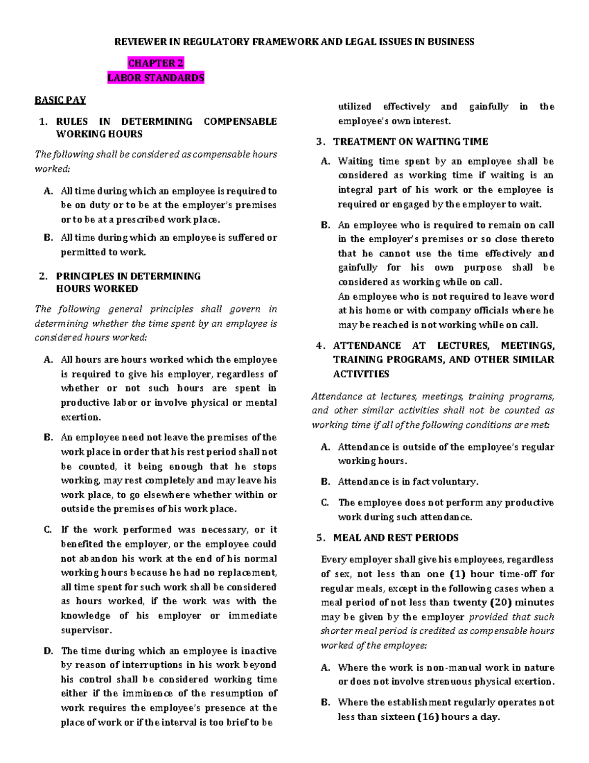 RFBT - Chapter 2: Comprehensive Guide to Labor Standards - Studocu