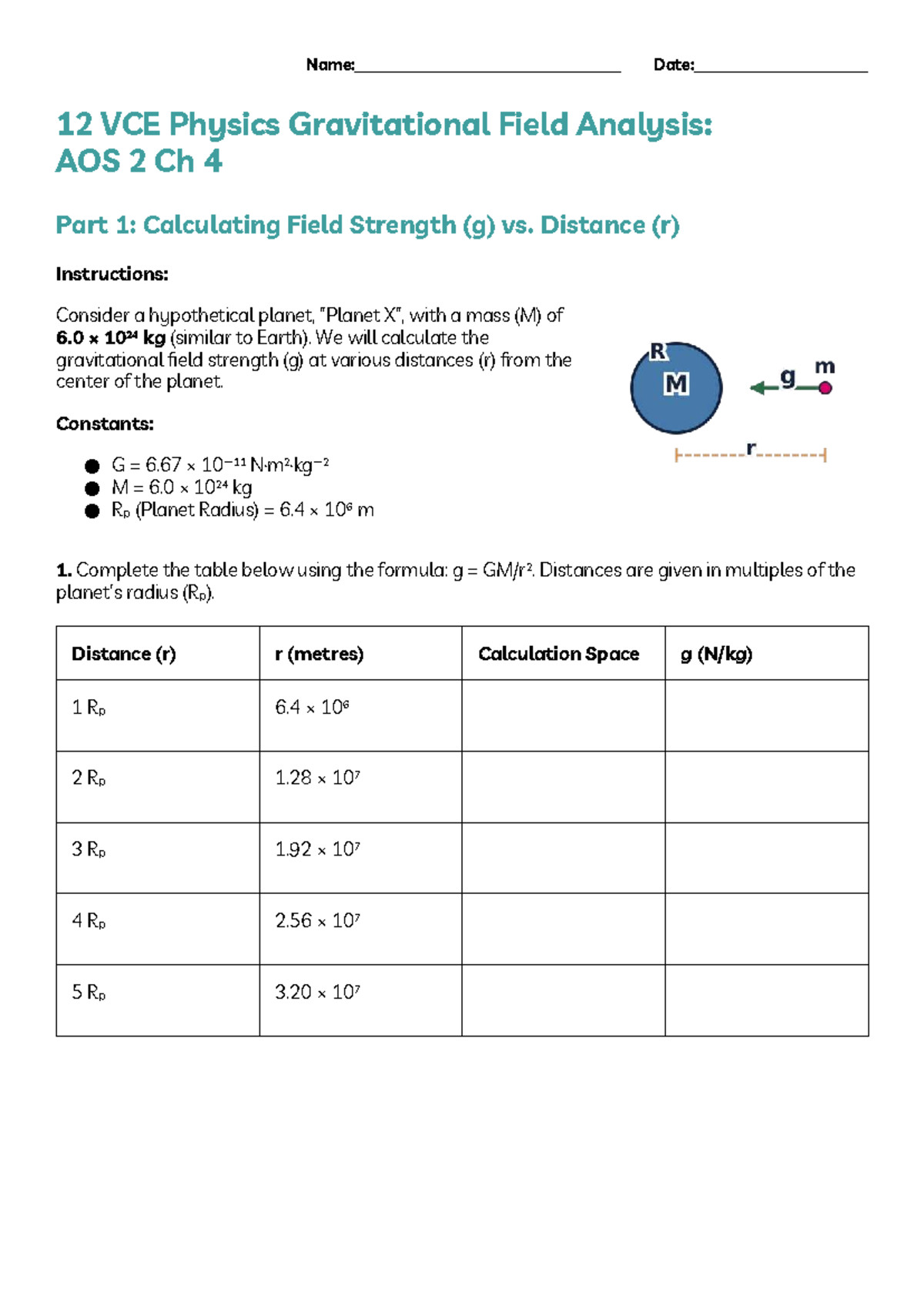 12 VCE Physics Gravitational Field Analysis: AOS 2 Ch 4 Worksheet - Studocu