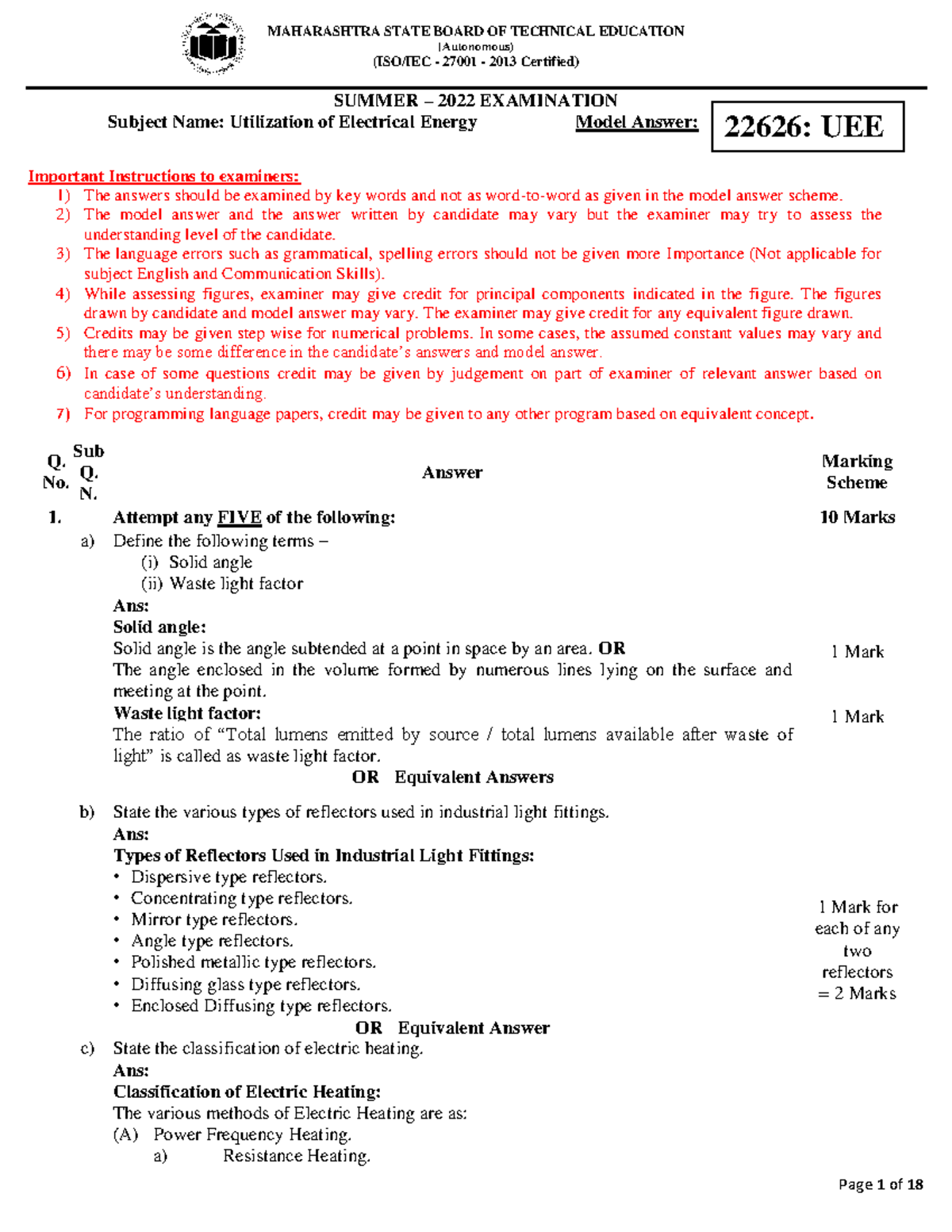 Model Answer Paper for UEE 22626: Summer 2022 Examination - Studocu