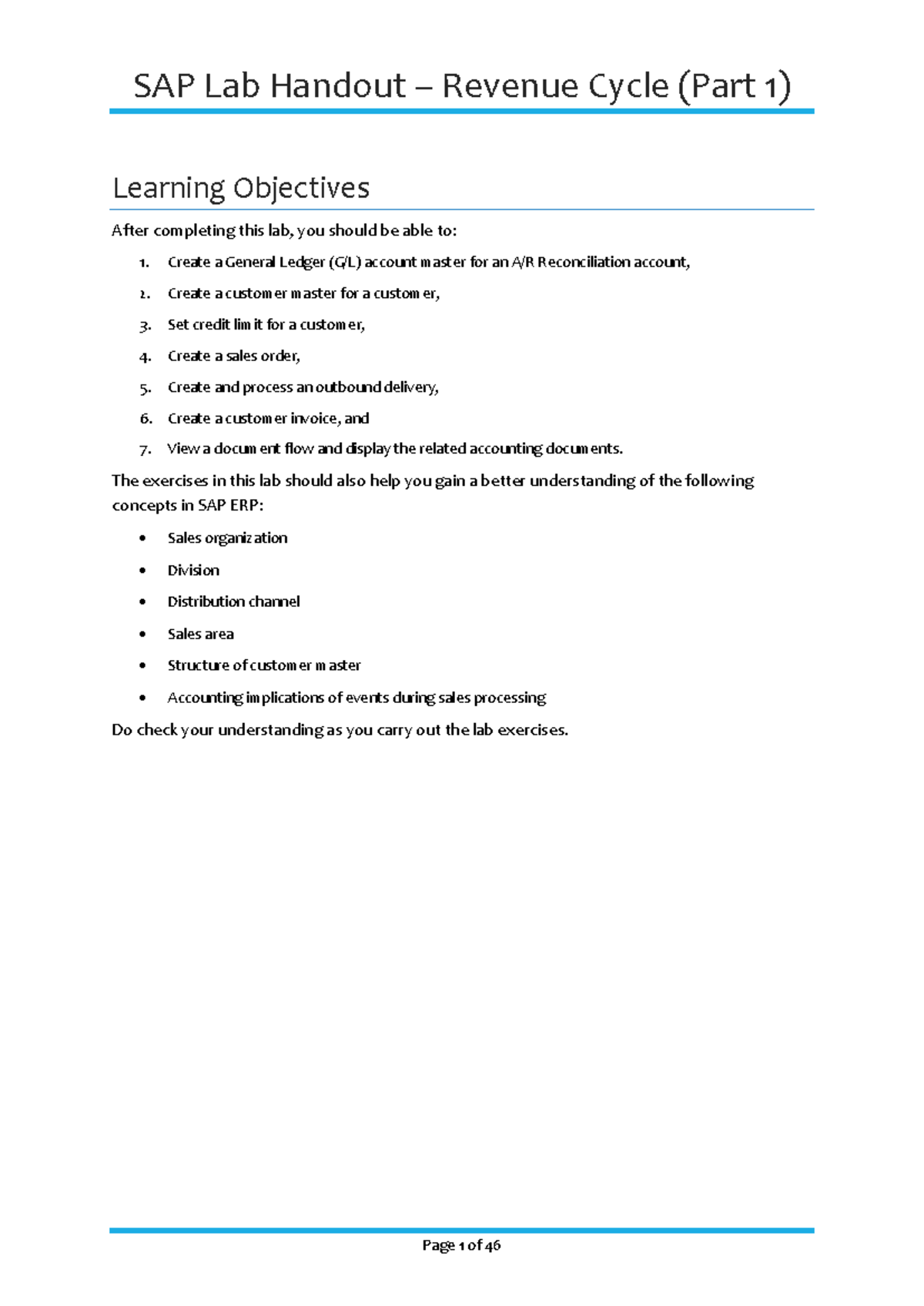 SAP Lab Handout: Revenue Cycle (Part 1) Exercises and Objectives - Studocu