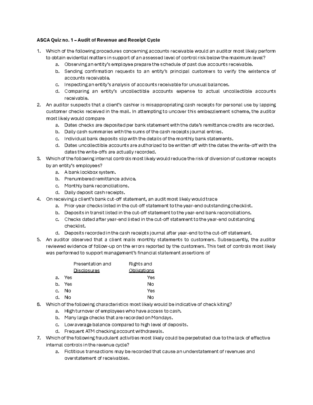 ASCA Quiz 1: Audit Procedures for Revenue and Receipt Cycle - Studocu