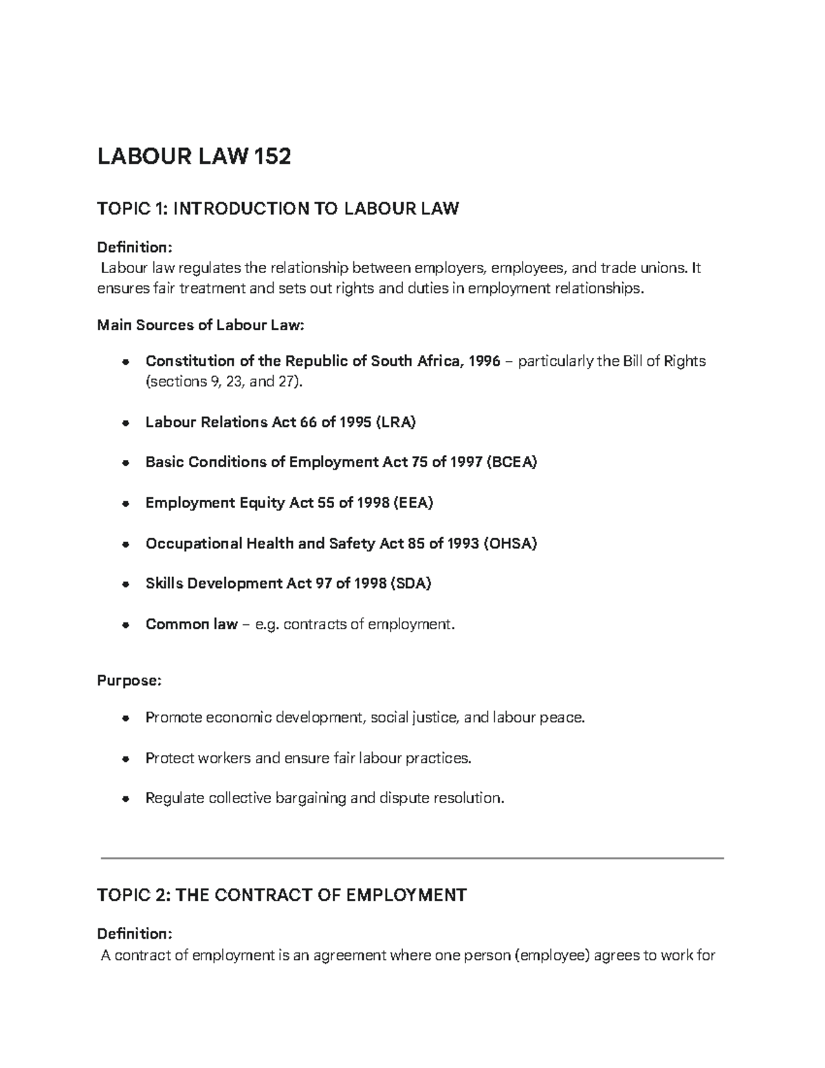 LABOUR LAW 152: Comprehensive Study Notes on Key Topics - Studocu