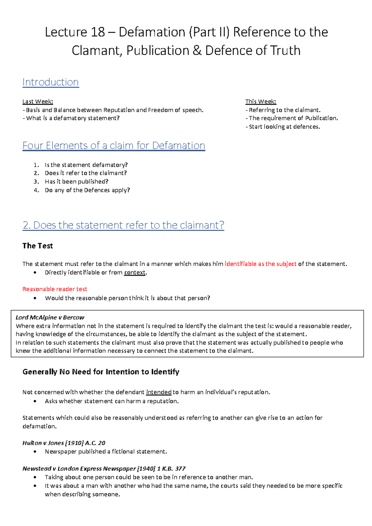 Defamation (Part II) lecture 18 notes - Lecture 18 3 Defamation (Part ...