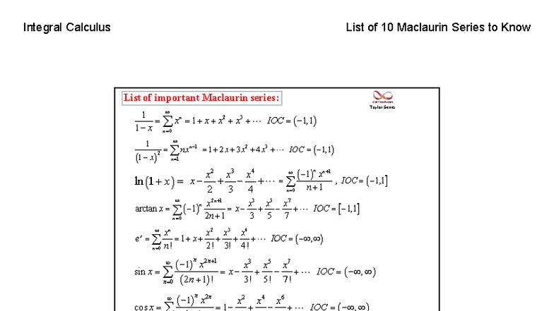 Integral Calculus: 10 Essential Maclaurin Series - Studocu