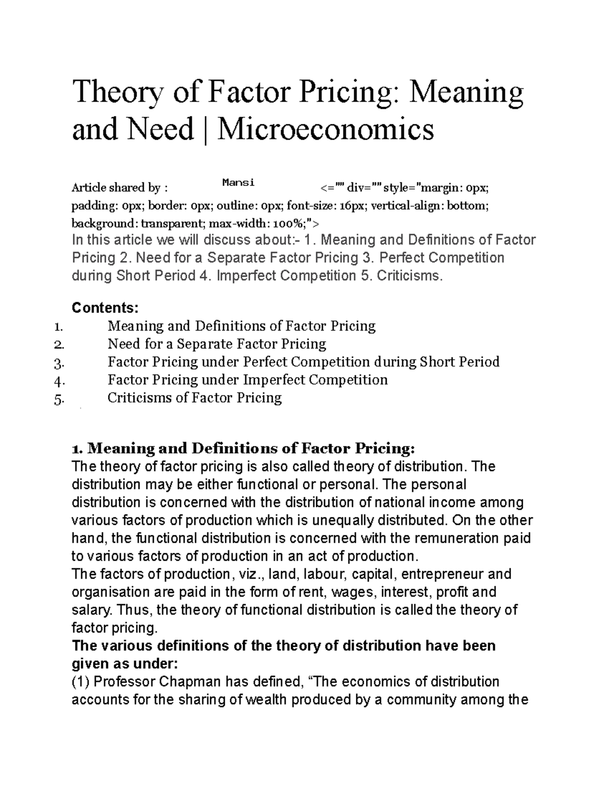 Microeconomics: Theory of Factor Pricing - Definitions and Applications ...