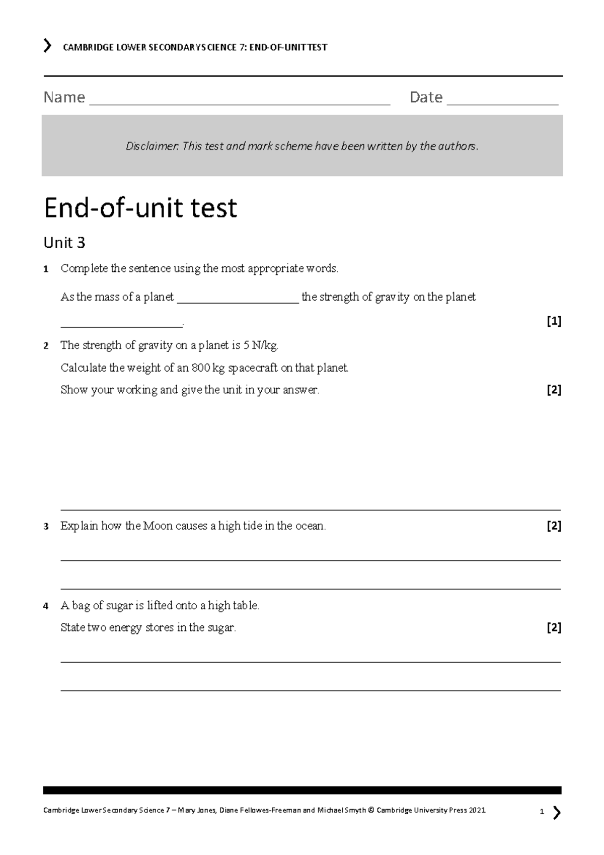 S7 End-of-Unit Test 3 - Cambridge Lower Secondary Science 7 - Studocu
