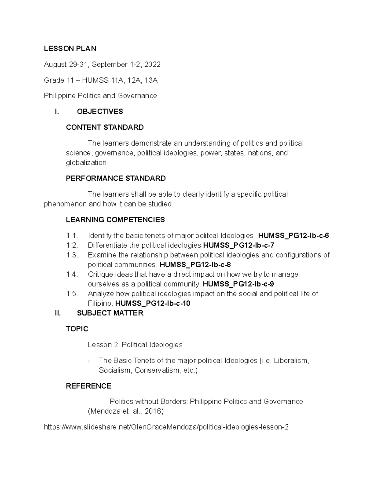 Lesson Plan in PolGov: Analyzing Political Ideologies (Lesson 2) - Studocu