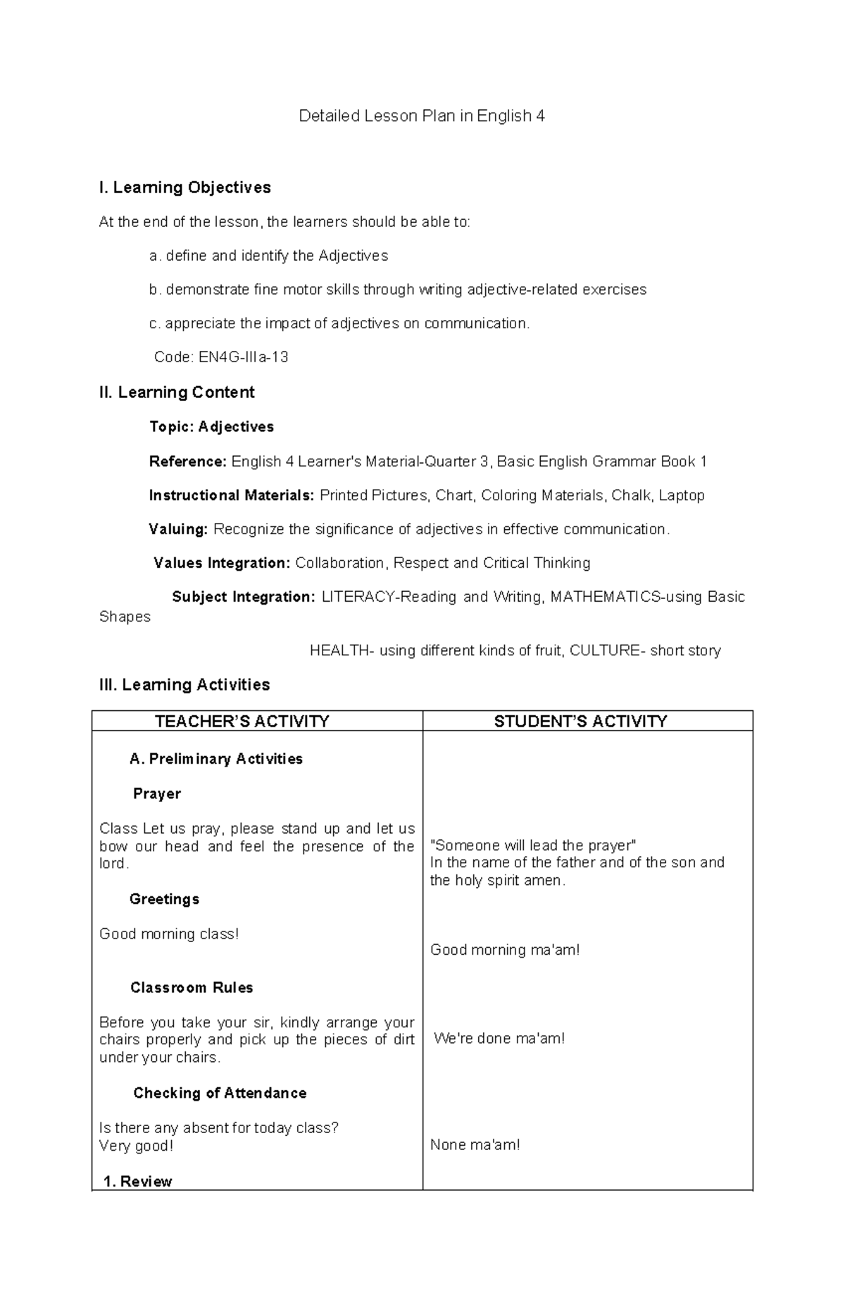 EN4G-IIIa - Detailed Lesson Plan on Adjectives for English 4 - Studocu