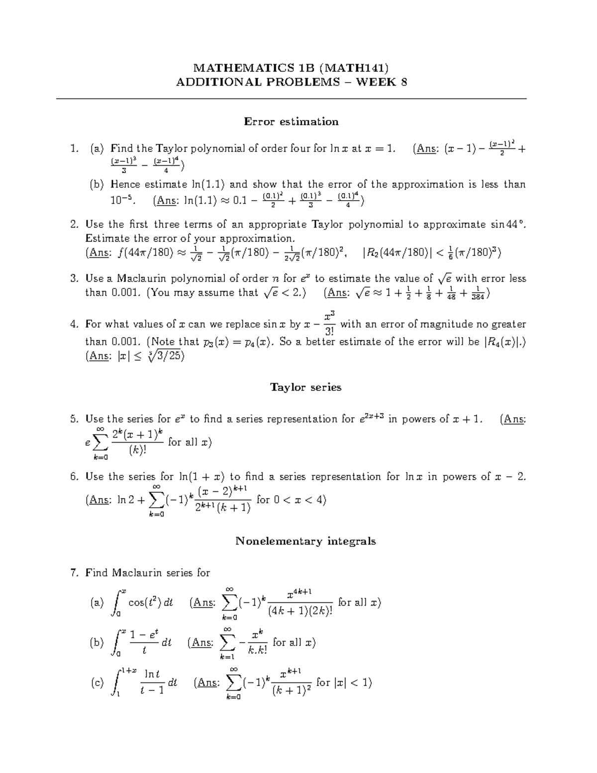 MATHEMATICS 1B (MATH141) WEEK 8 ADDITIONAL PROBLEMS & ERRORS - Studocu