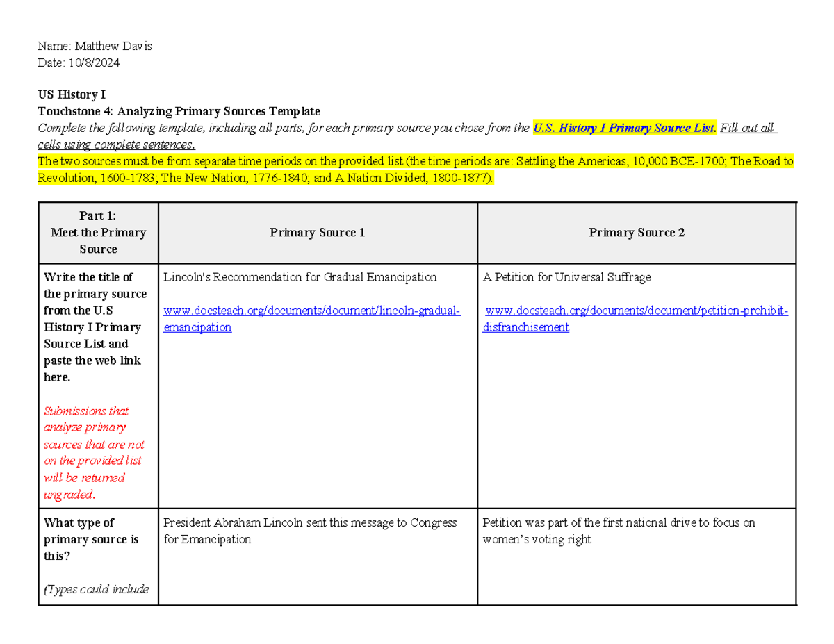 US History I Touchstone 4: Analyzing Primary Sources Template - Studocu