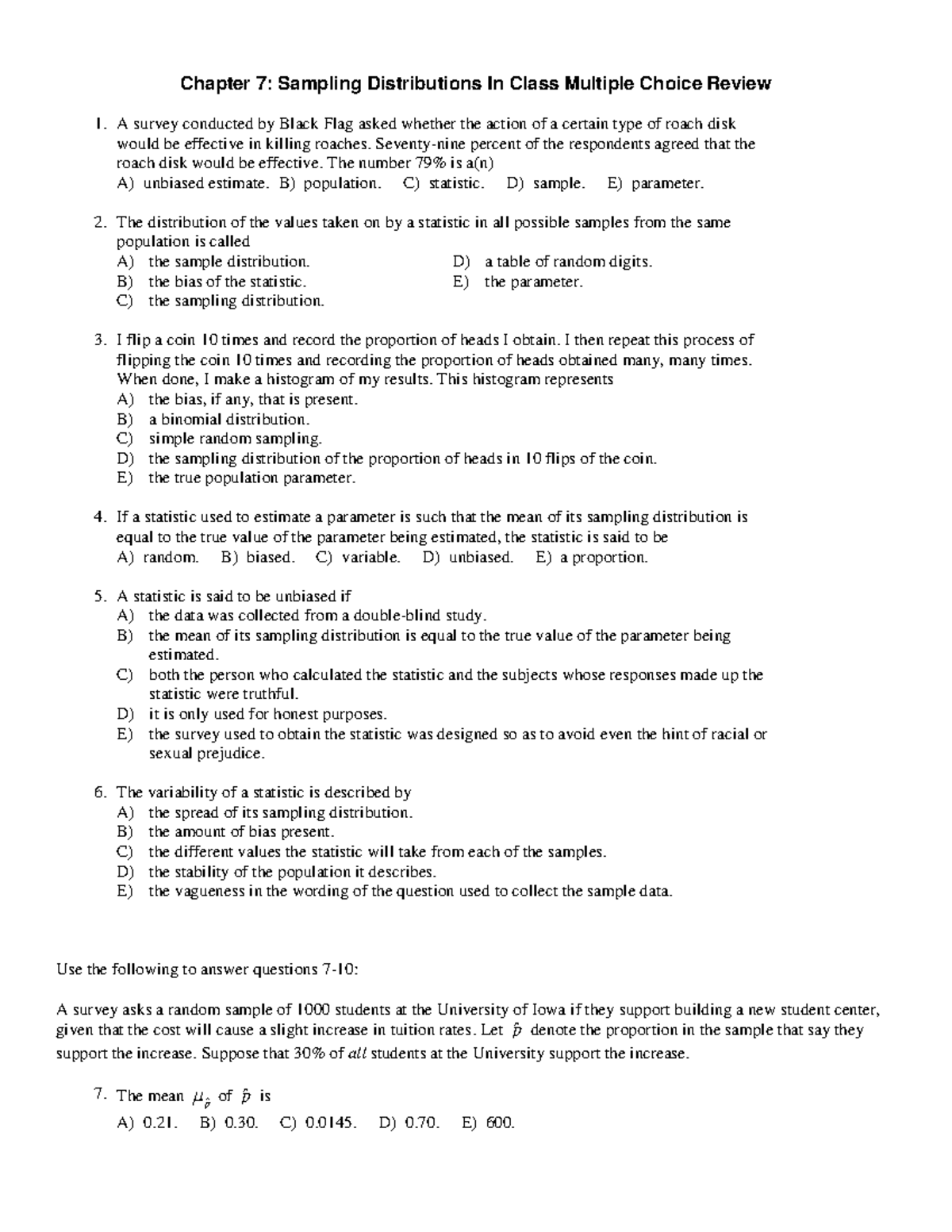 Chapter 7 - Sampling Distributions MC Review Questions - Studocu