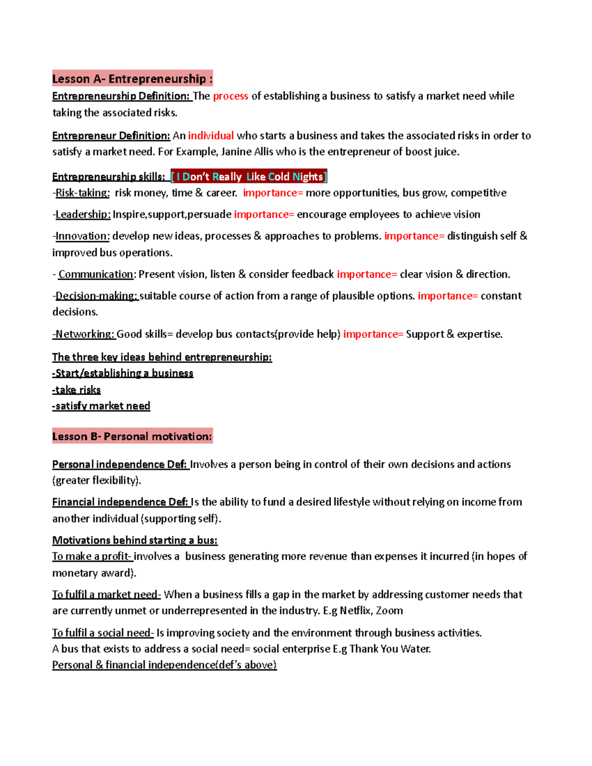 AOS 1 Topic Notes - Unit 1 AOS: Entrepreneurship Fundamentals and ...