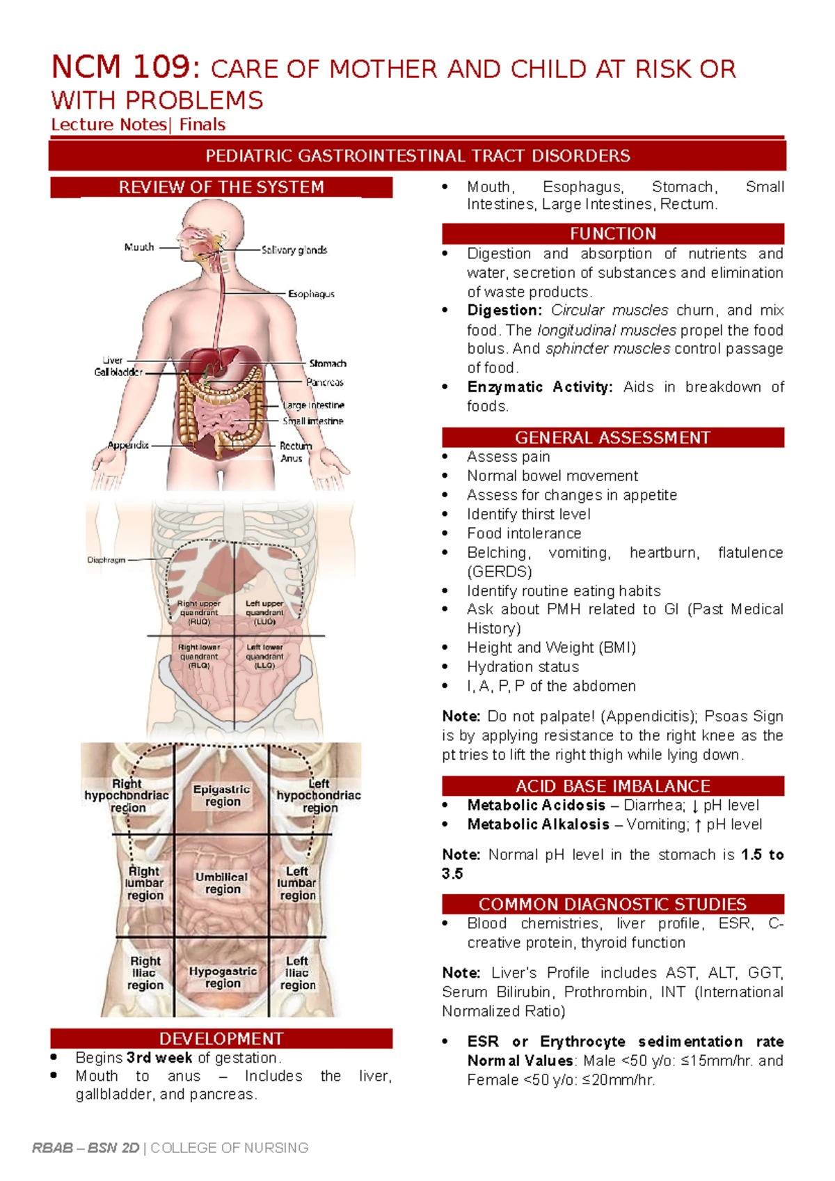 Pediatric GI Disorders Lecture Notes | Finals Review 2023 - Studocu