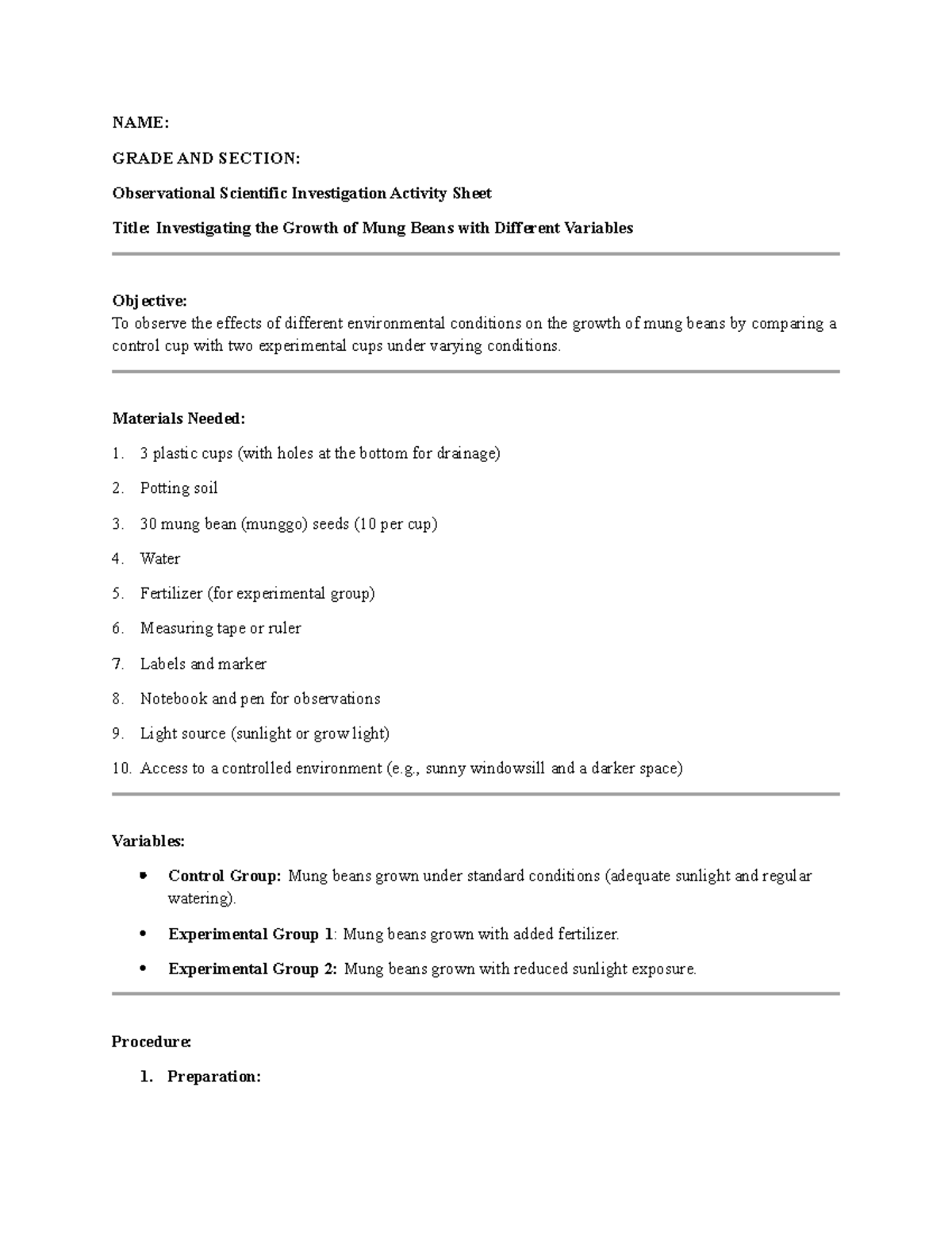 Munggo Growth Experiment: Investigating Environmental Effects on Seeds ...