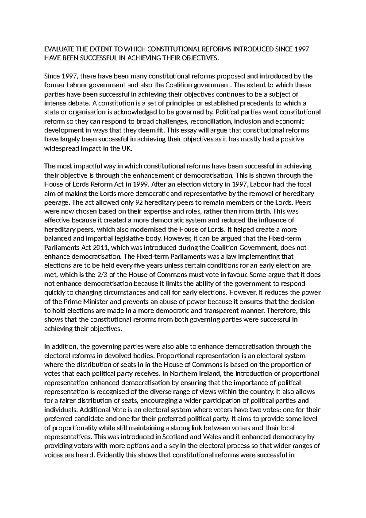 Govt Essay: Success of Constitutional Reforms Since 1997 Examined - Studocu