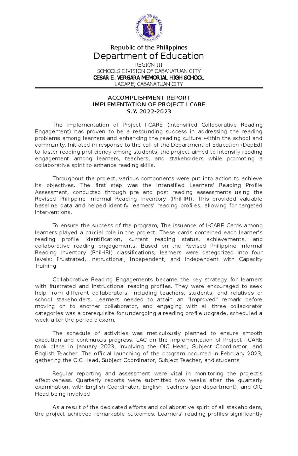 Accomplishment Report on Project I CARE Implementation S.Y. 2022-23 ...