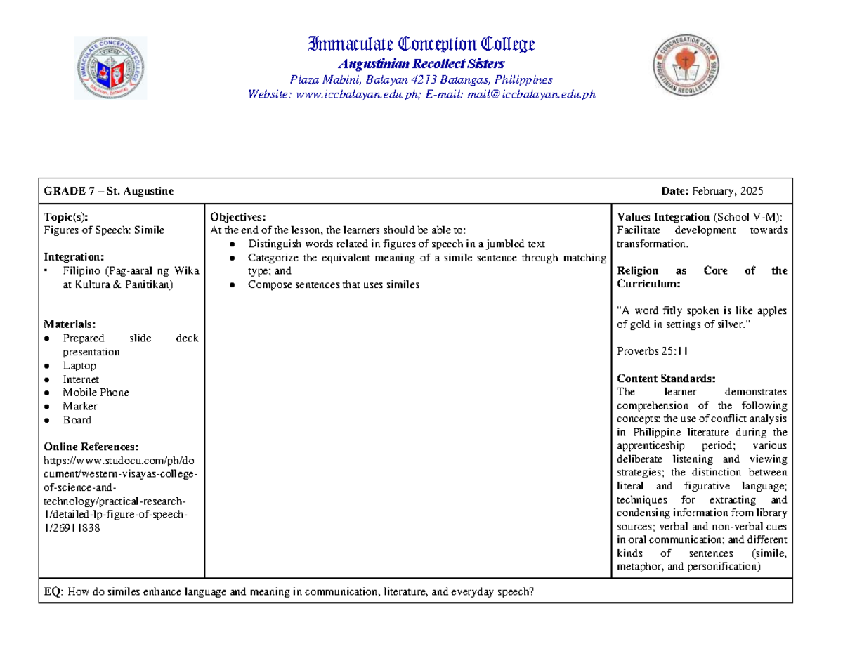 GRADE 7 Lesson Plan: Exploring Similes with Digital Tools - Studocu