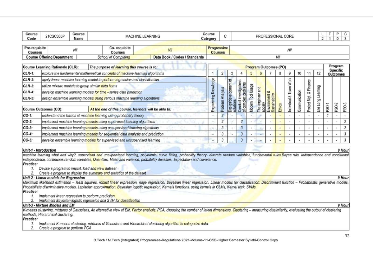 Syllabus for LTPC 21CSC305P: Machine Learning Course Overview - Studocu