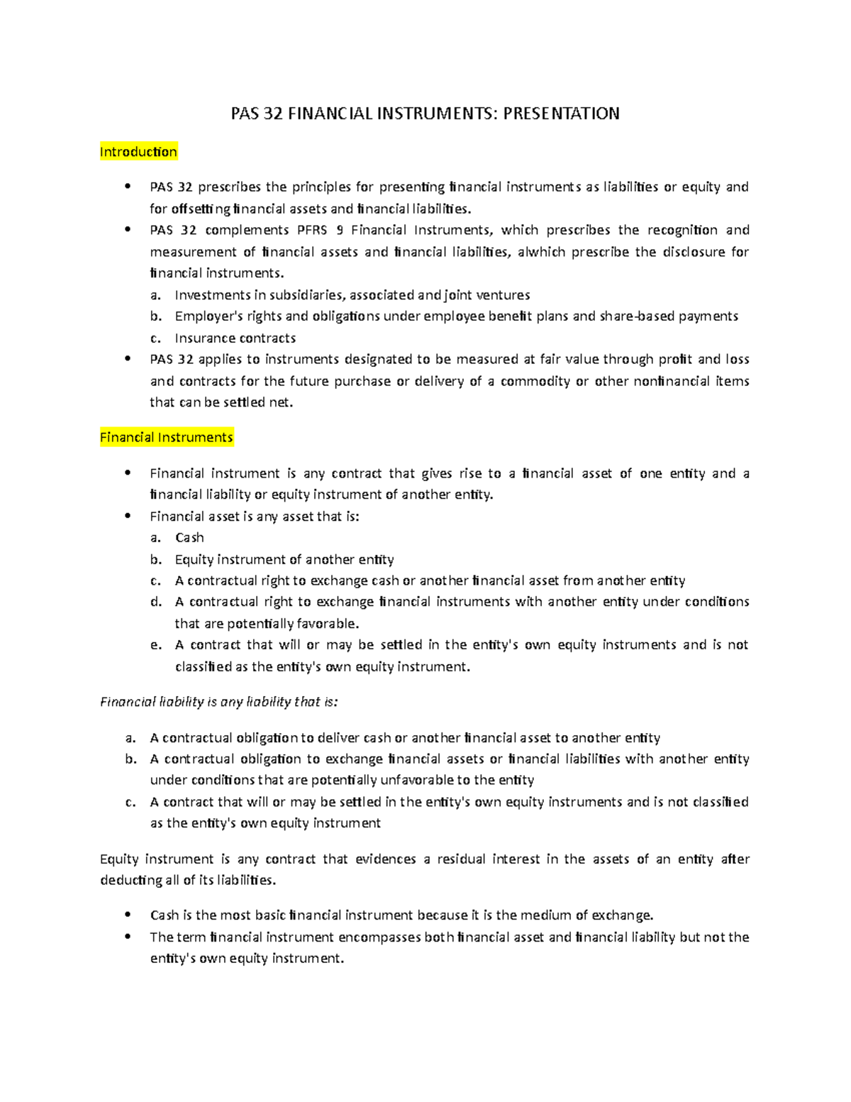 Revised Title: PAS 32 - Financial Instruments Presentation Overview and ...