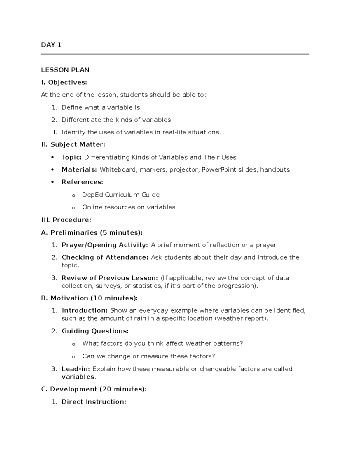 WEEK 3 LESSON PLAN: Understanding Variables and Their Uses - Studocu