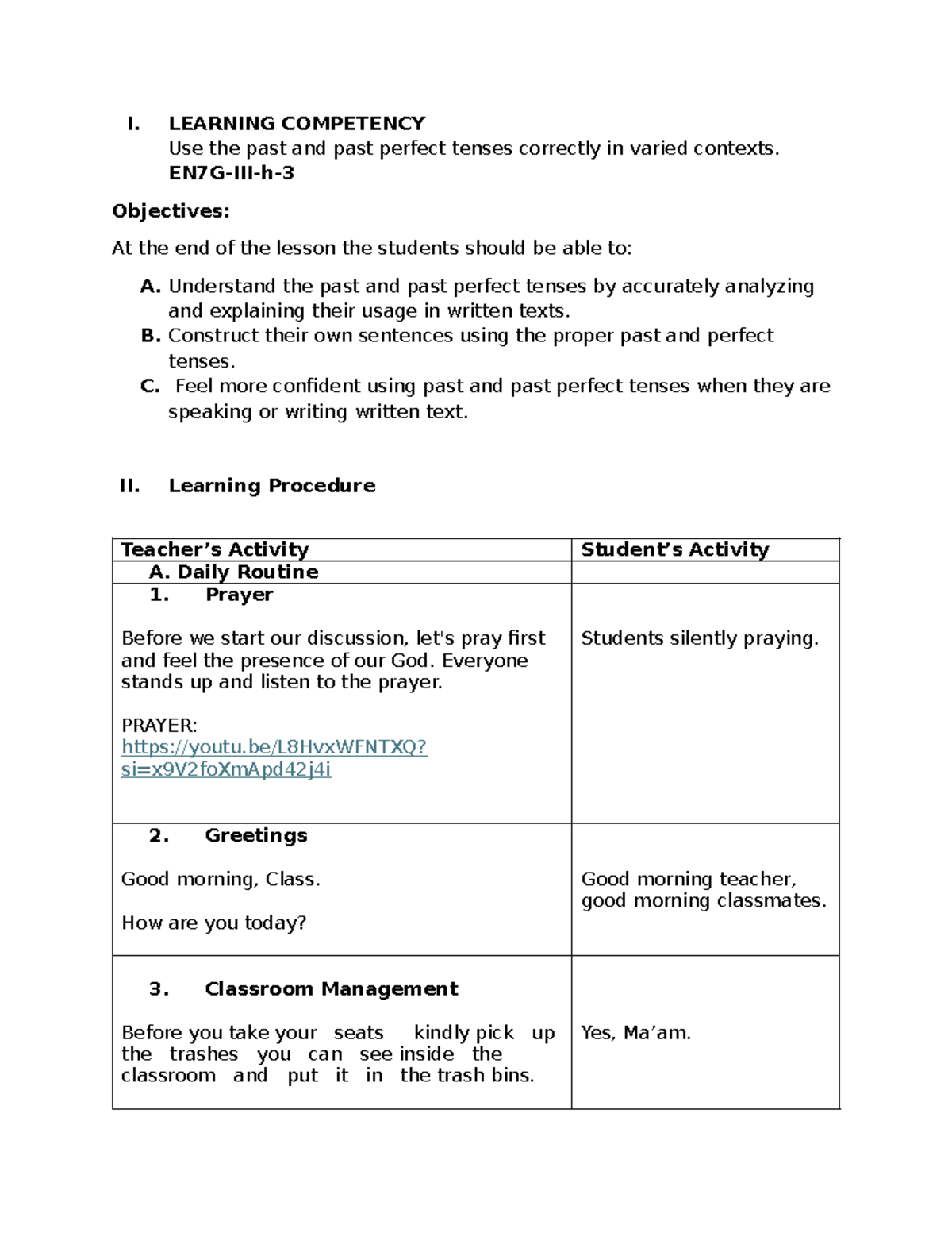 EN7G-III-h- Lesson Plan on Past and Past Perfect Tenses - Studocu