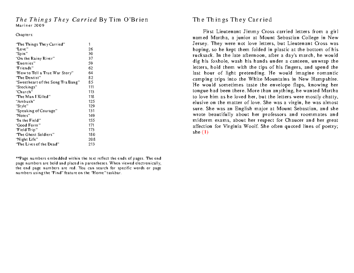 The Things They Carried (ENGL 101) Short Story Analysis Notes - Studocu