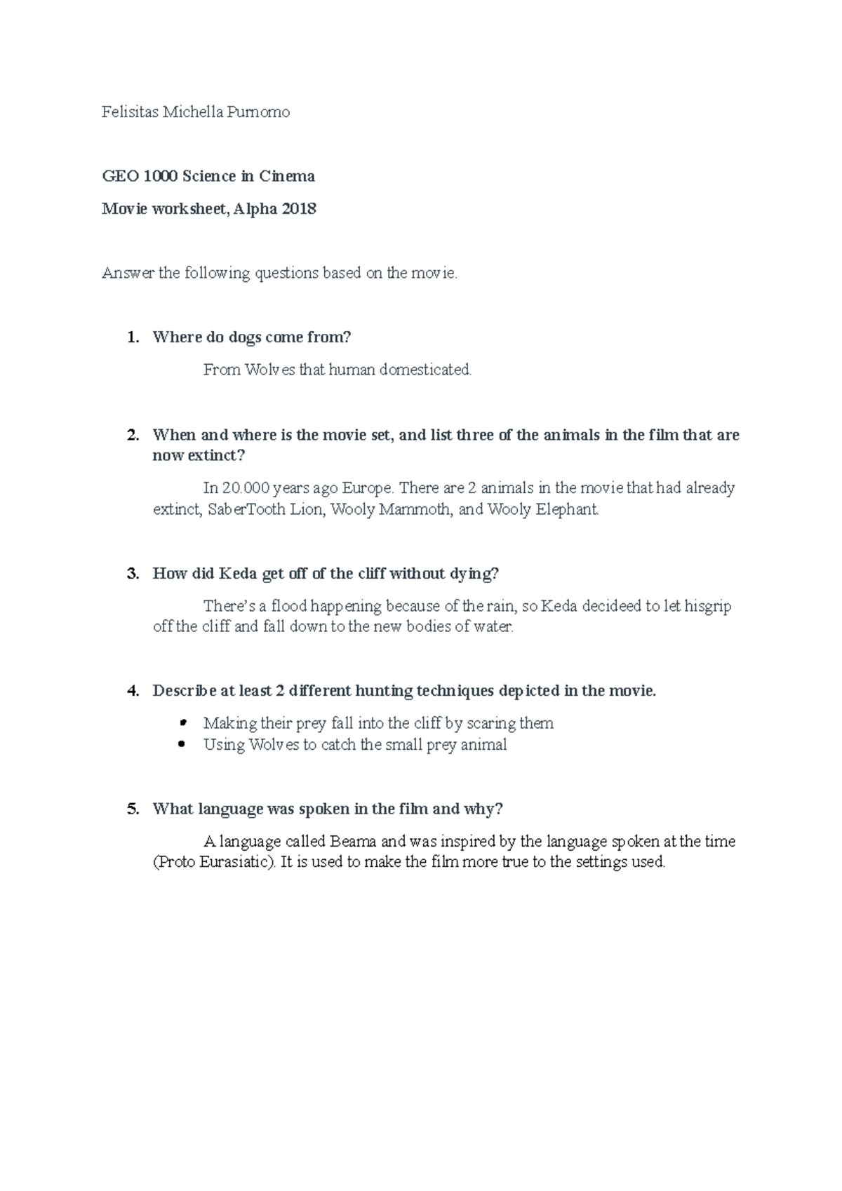 GEO 1000 Science in Cinema Midweek Alpha Worksheet Answers - Studocu