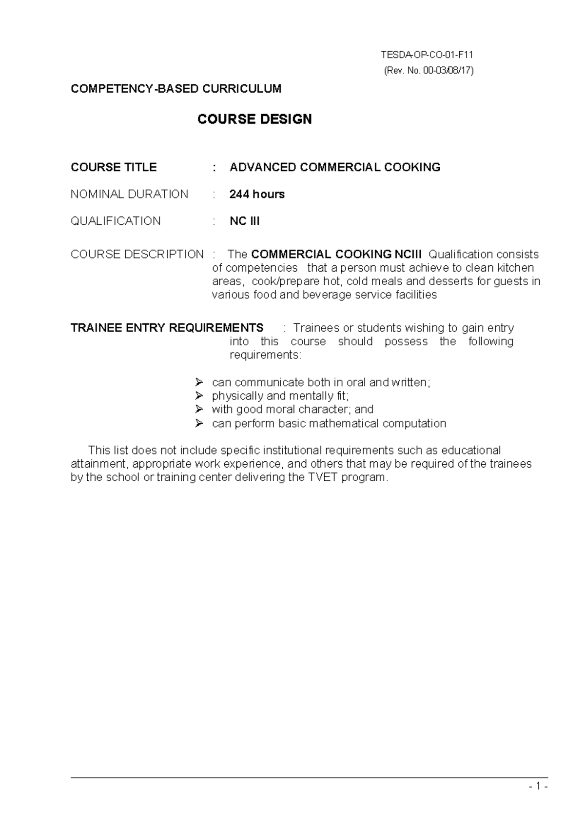 Advanced Commercial Cooking Curriculum Overview (244 hrs) - Studocu