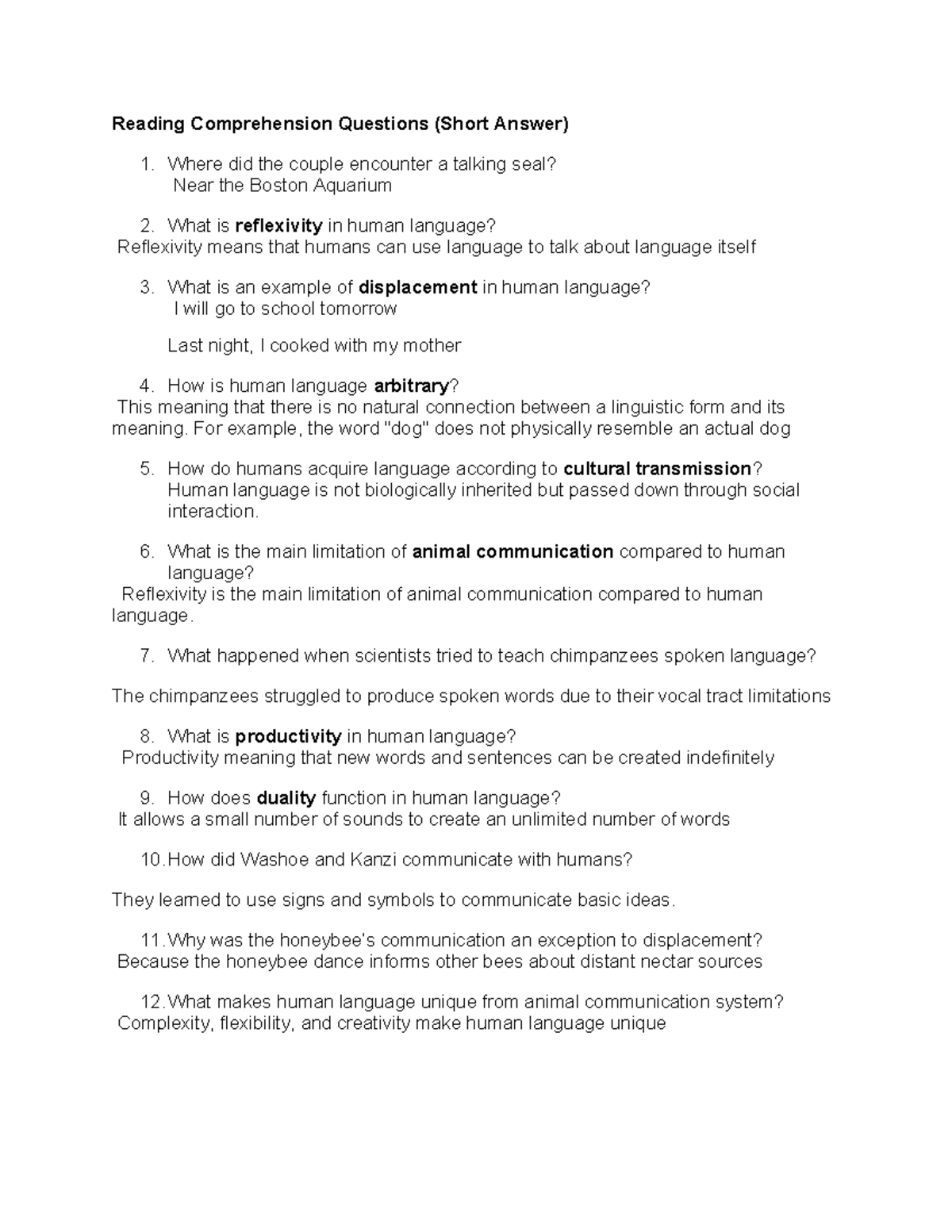 Reading Comprehension Questions: Human vs. Animal Language (WEEK 2 ...