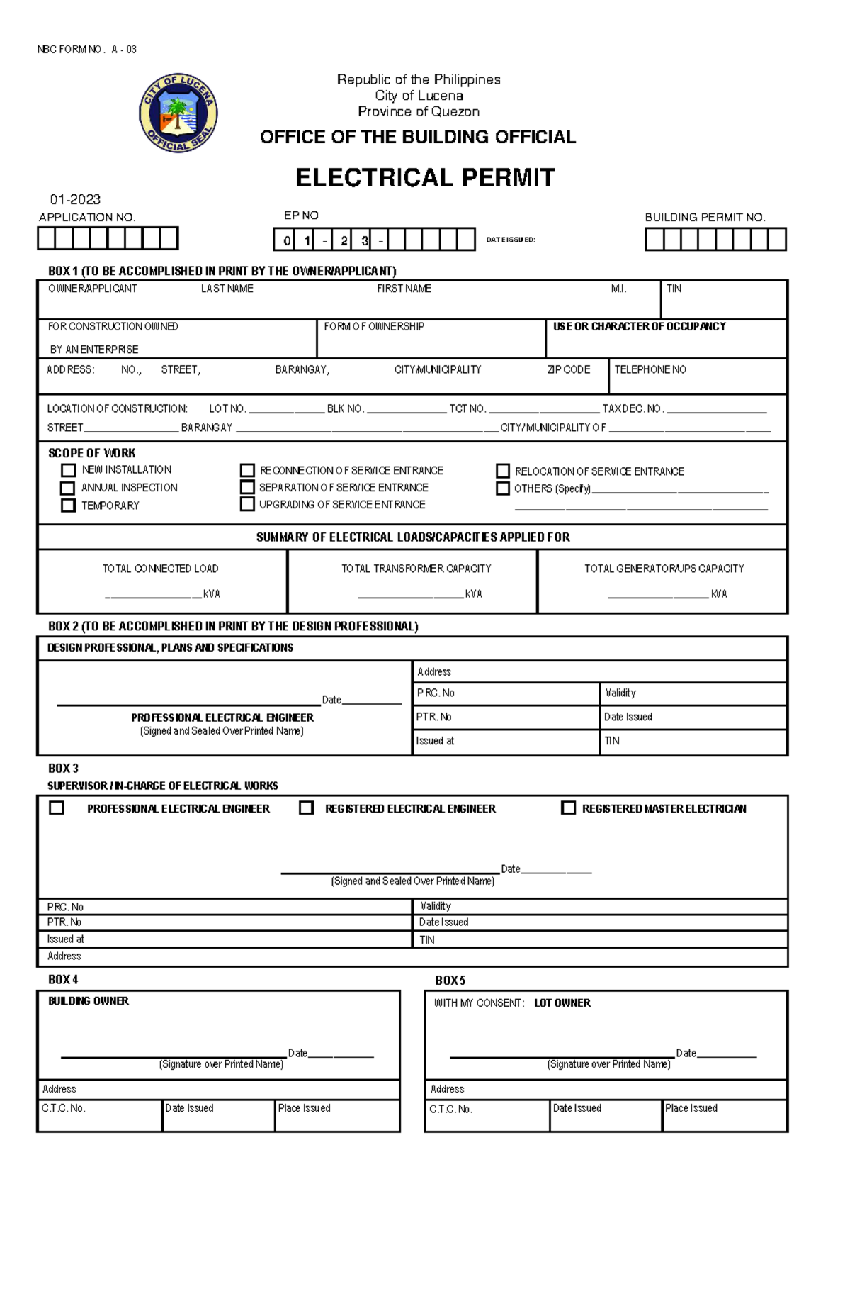 Electrical Permit Application - Lucena City EP No. A03 - Studocu