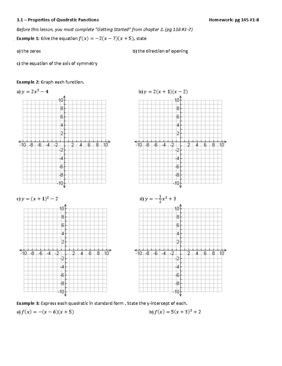 Chapter 3 P4: Properties of Quadratic Functions Homework - Studocu