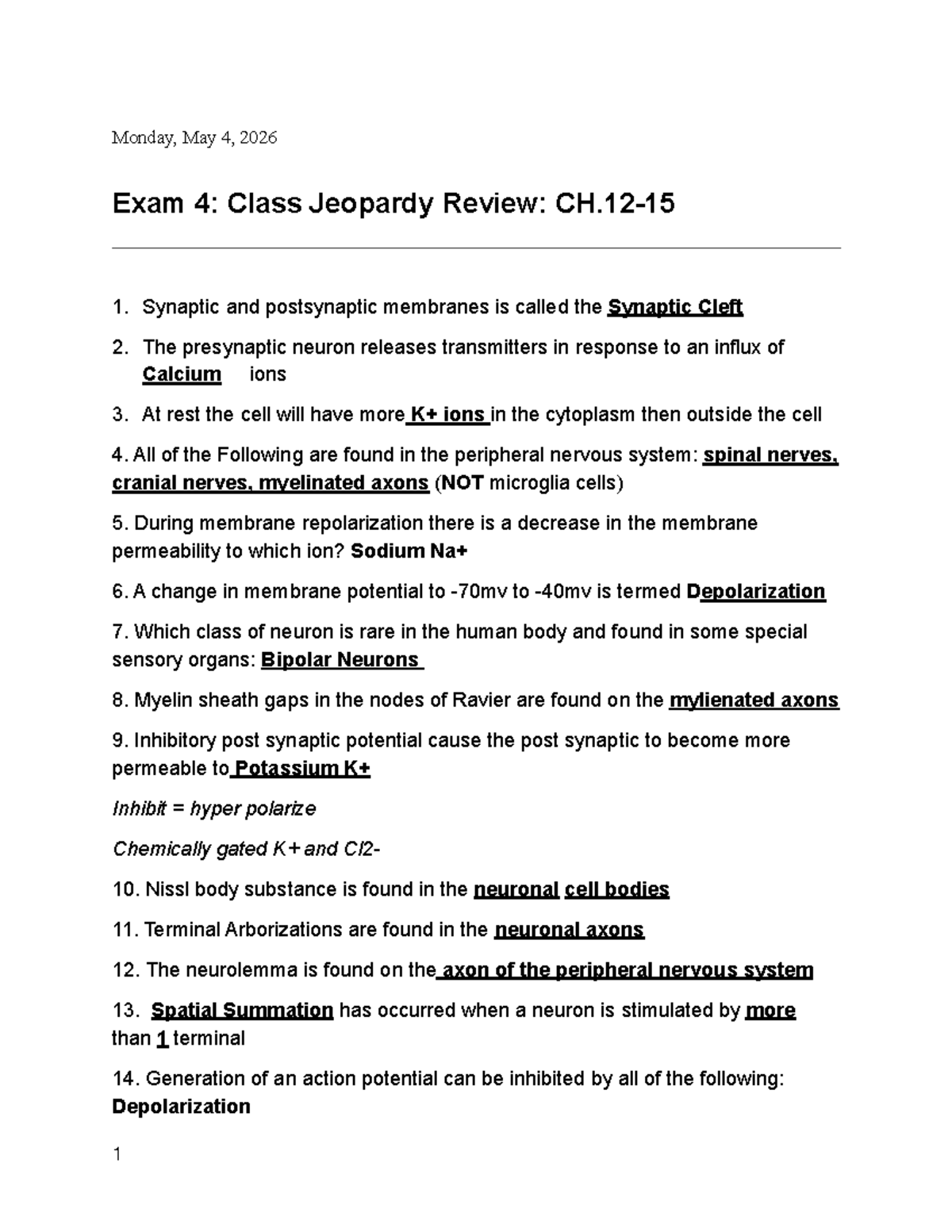 Exam 4 Study Guide: Jeopardy Review for Neuroscience Concepts - Studocu