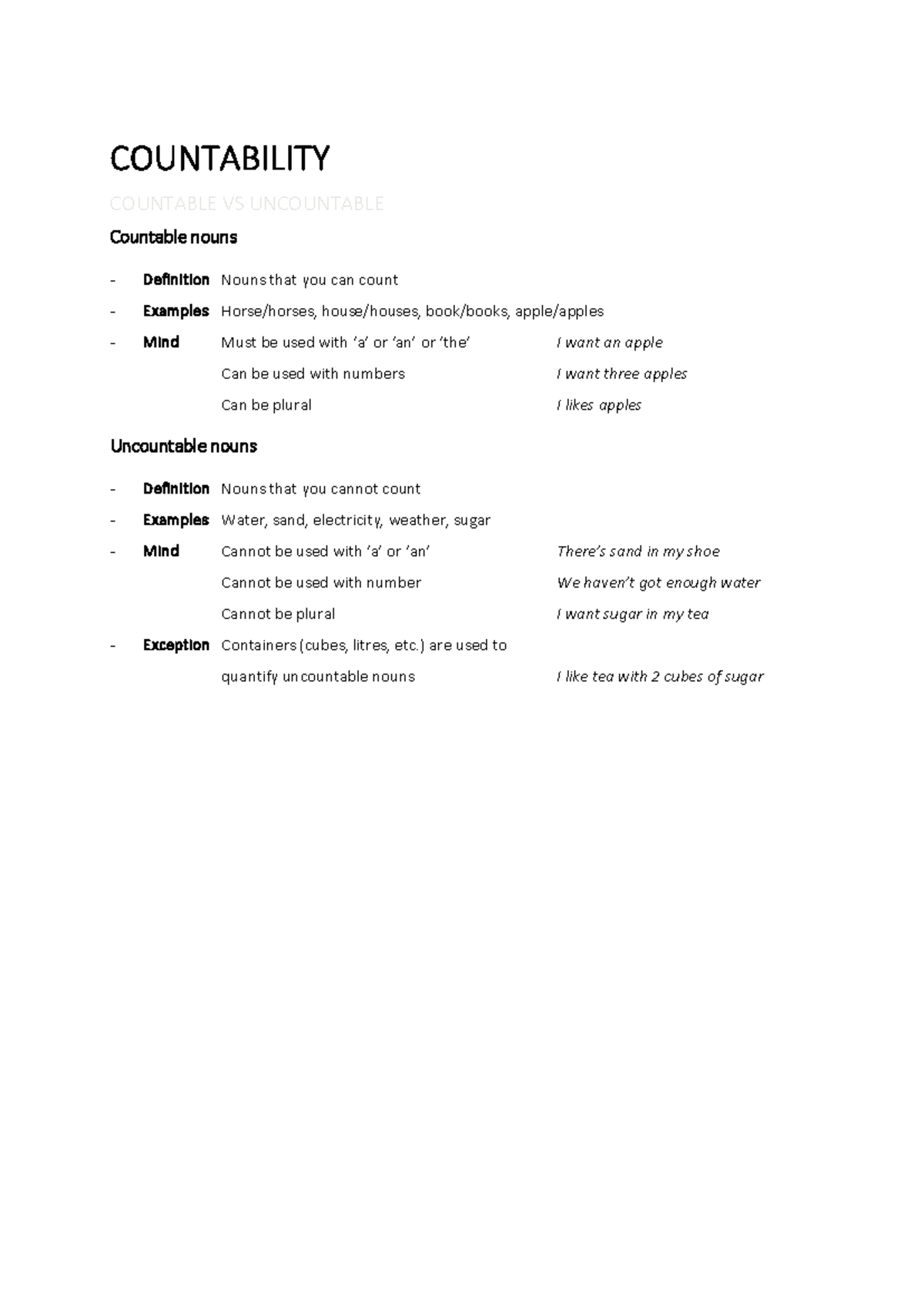 Quantifiers - Theory - COUNTABILITY: Countable vs Uncountable Nouns ...