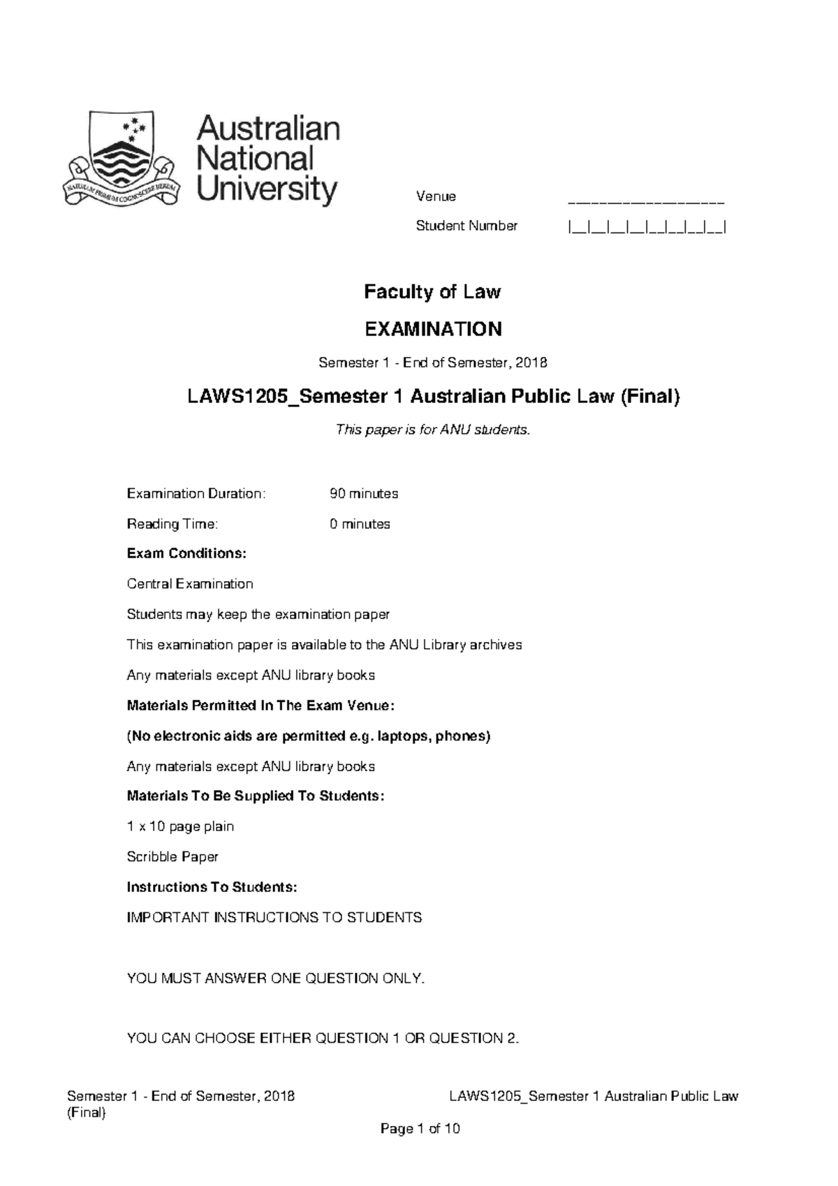 LAWS1205 Semester 1 2018 Australian Public Law Final Exam Paper - Studocu