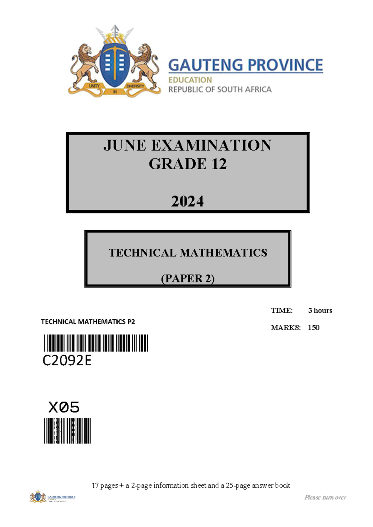 Grade 12 Technical Mathematics P2 June Exam 2024 - Instruction ...