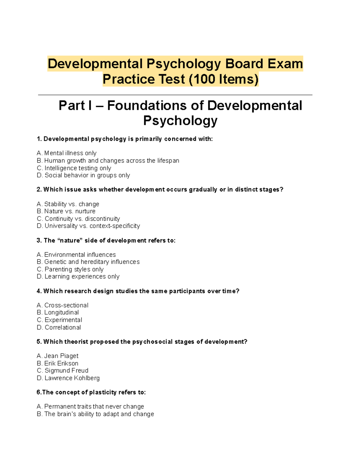 Developmental Psychology Board Exam Practice Test (100 Items) - Studocu