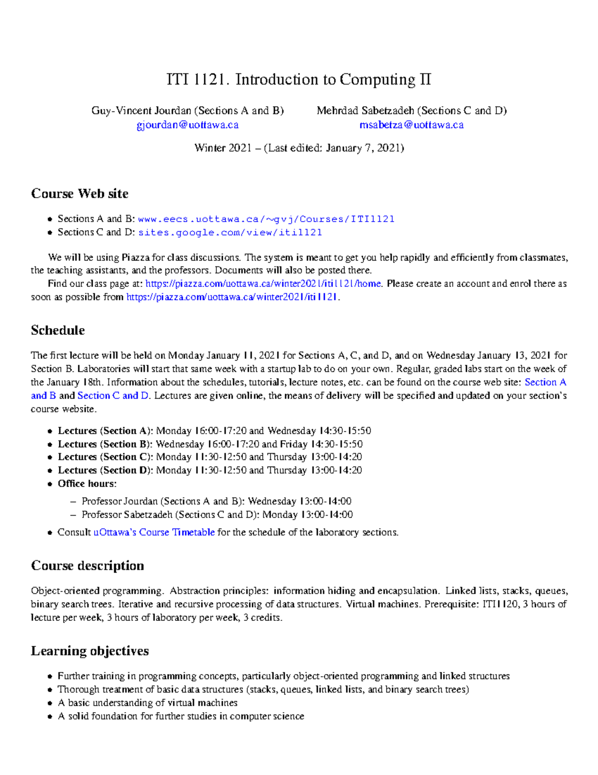 ITI1121 - Introduction to Computing II Syllabus and Course Details ...