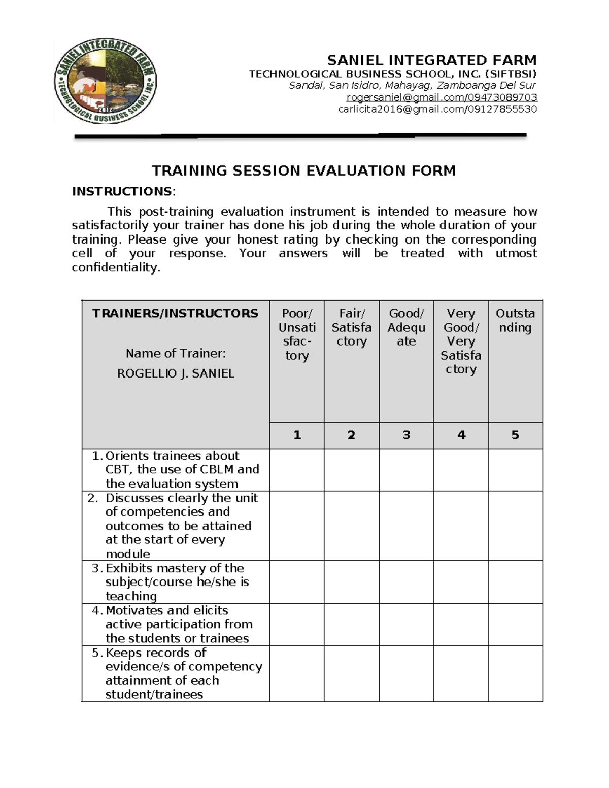 SIFTBSI Training Session Evaluation Form: Trainer Assessment - Studocu