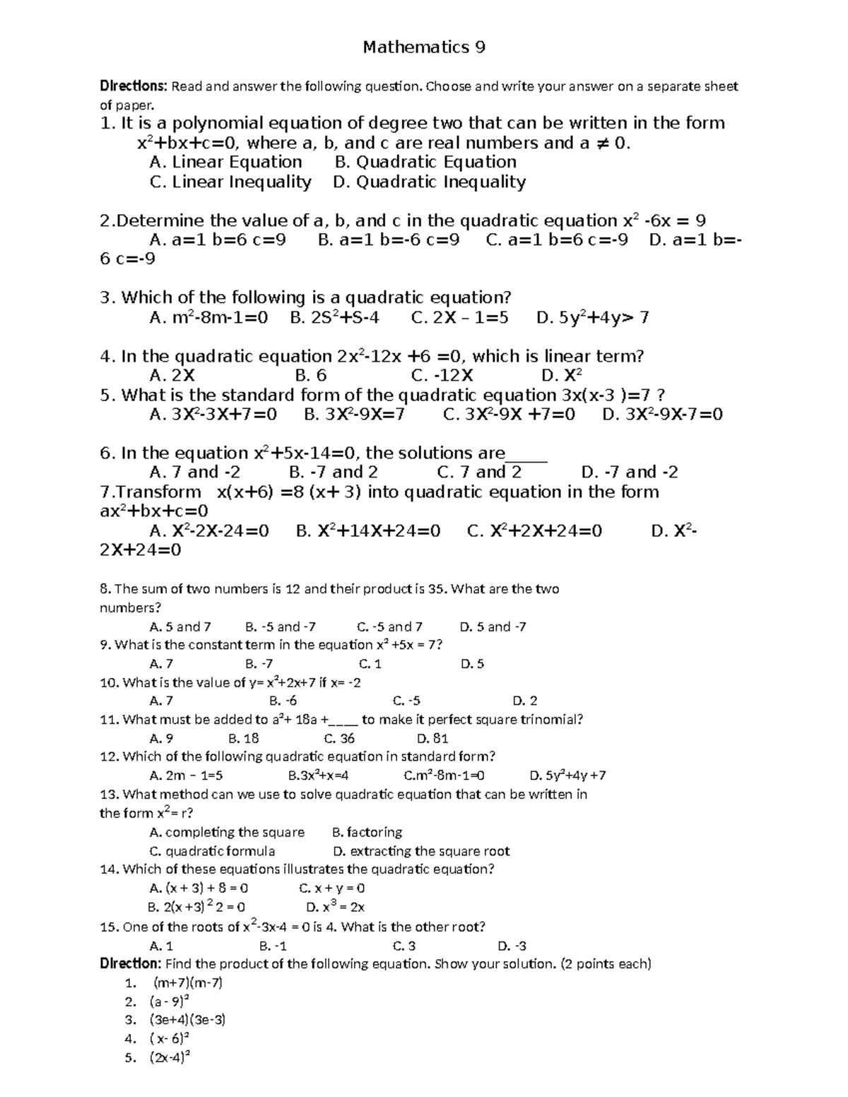 MATH Summative - Test - Mathematics 9 Directions: Read and answer the ...
