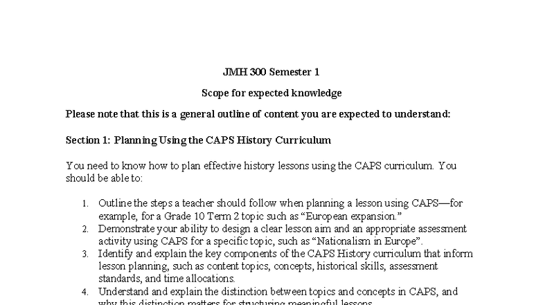 JMH 300 Semester 1: CAPS History Curriculum & Textbook Strategies Guide ...