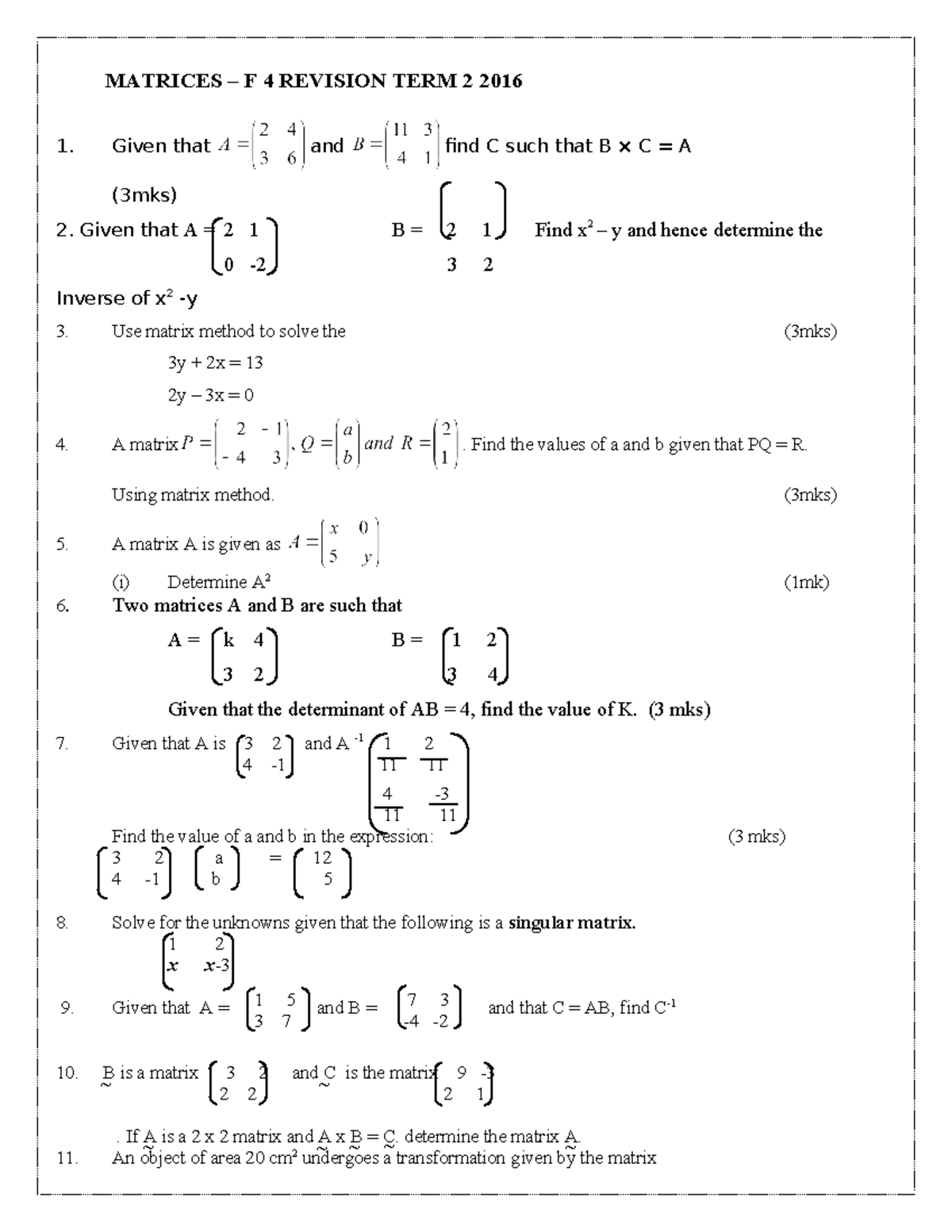 Matrices F4 Revision Term 2 2016: Comprehensive Study Guide - Studocu