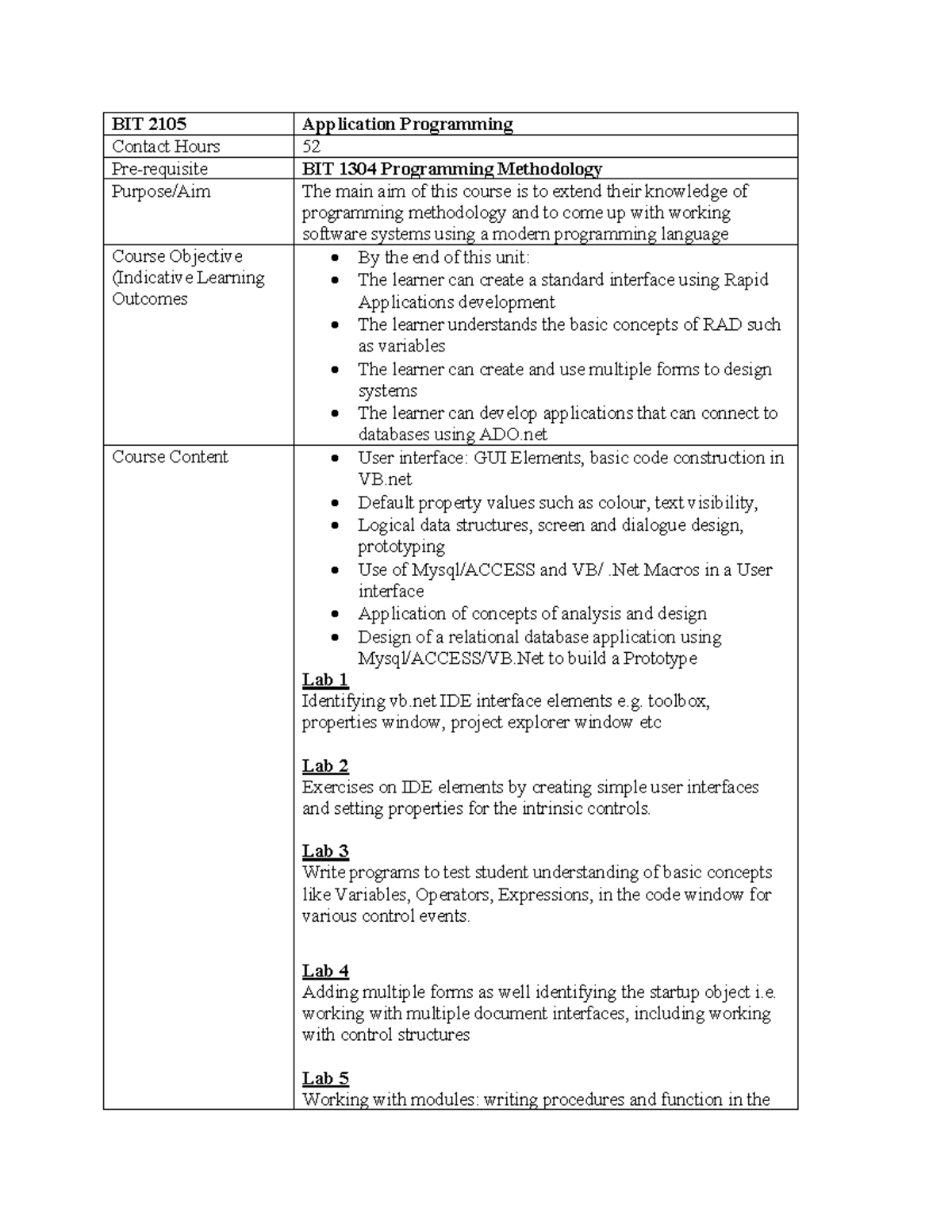BIT 2105 Course Outline: Application Programming & RAD Concepts - Studocu