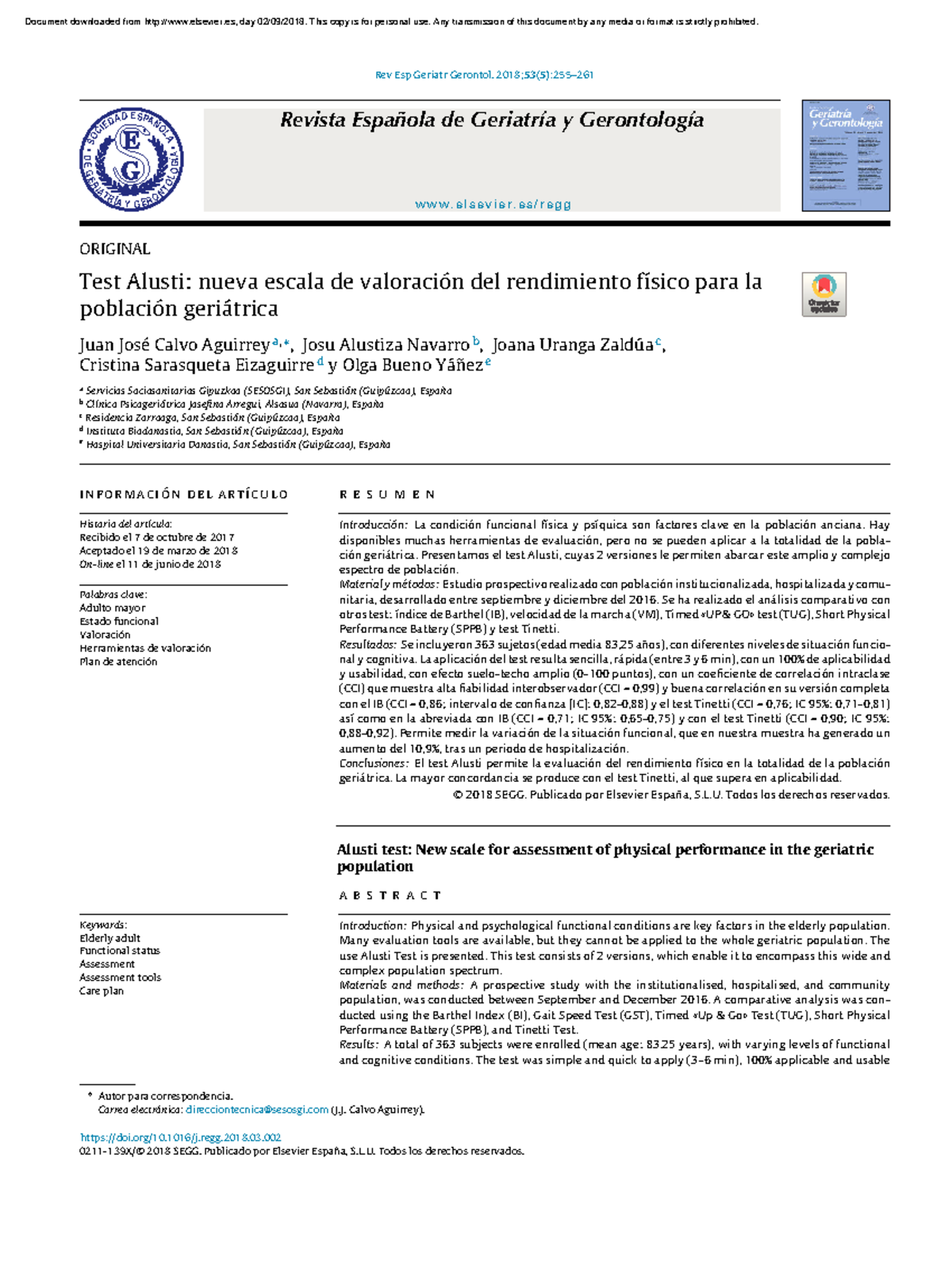 TEST Alusti ARTÍCULO SEGG - Rev Esp Geriatr Gerontol. 2018;53(5):255 ...