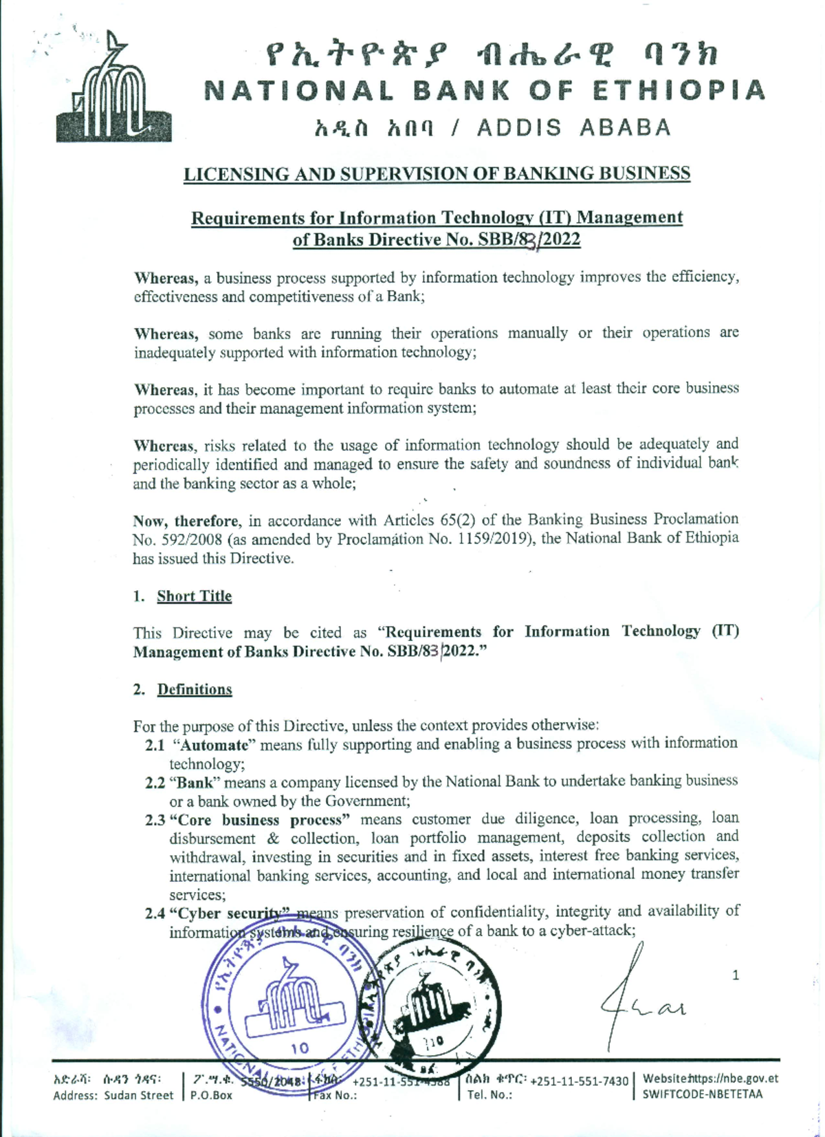 SBB-83-2022: NBE Directive on IT Management for Banks - Studocu