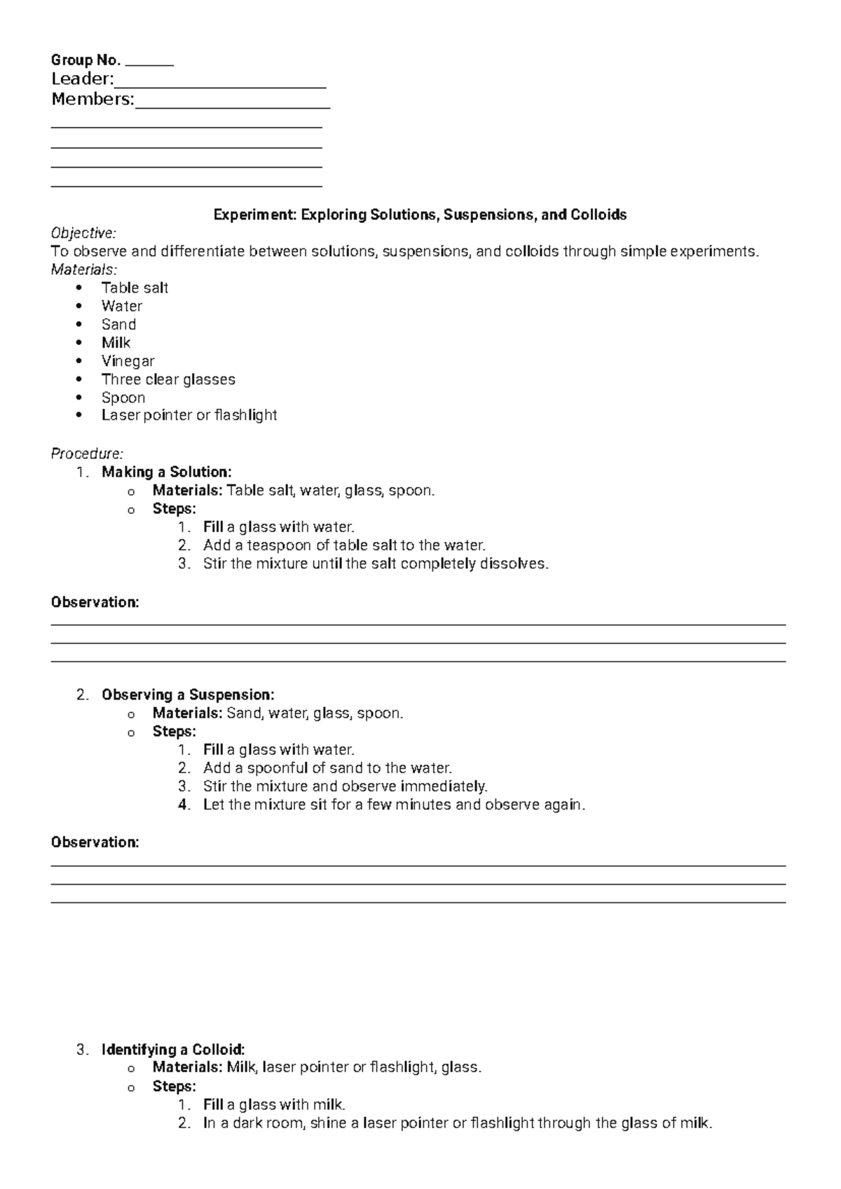 Solutions, Suspensions, and Colloids Activity: Experiment Guide - Studocu