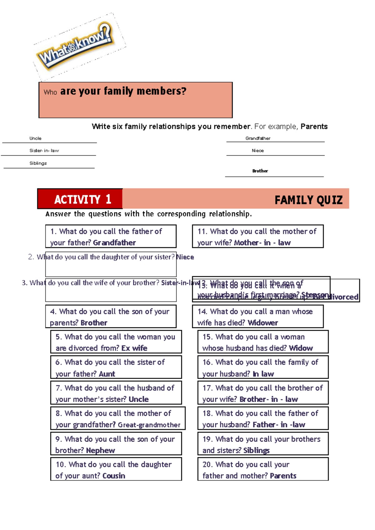 Family members quizz - What do you call the wife of your brother ...