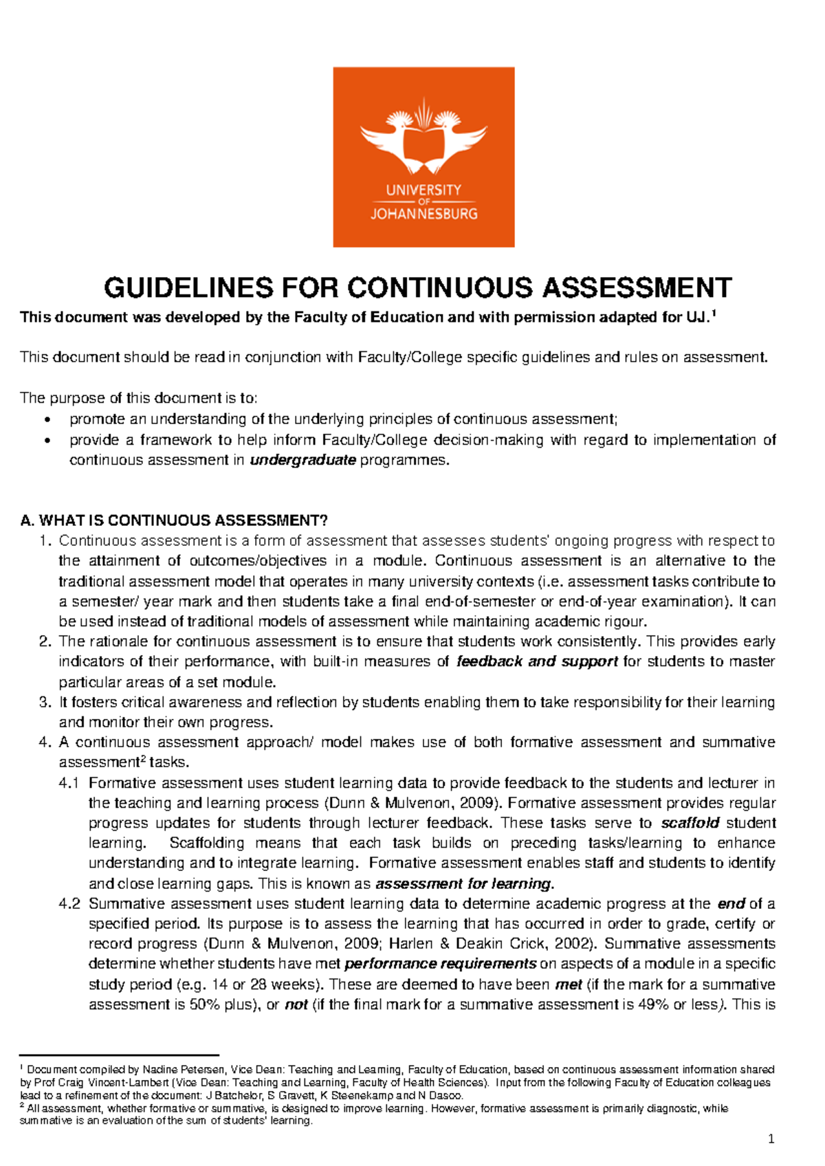 UJ Guidelines for Continuous Assessment 2: Framework and Principles ...