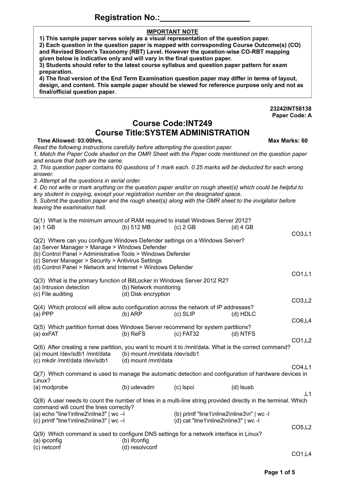 INT249 Final Exam Sample Paper: System Administration Insights - Studocu
