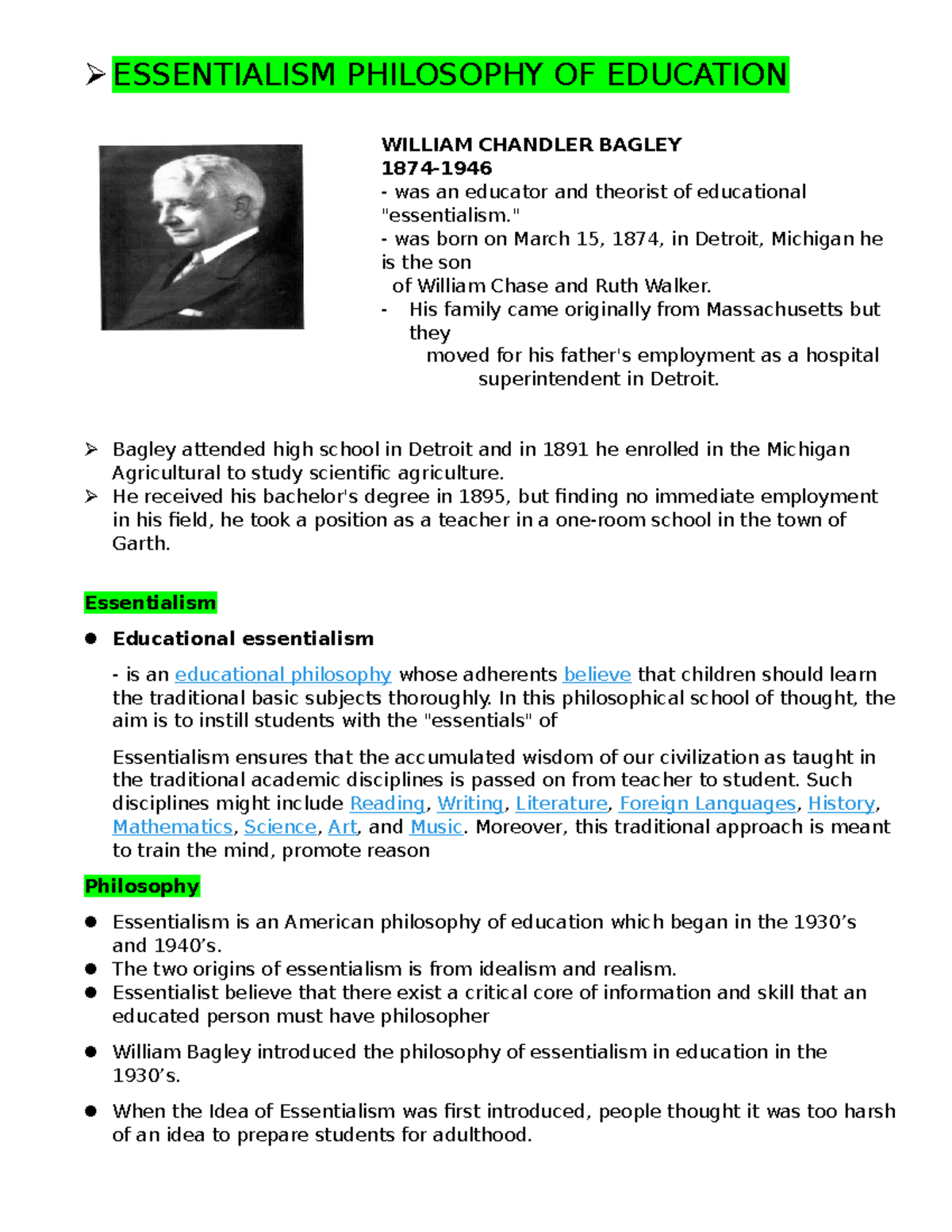 Essentialism Philosophy of Education: Insights from William Bagley ...